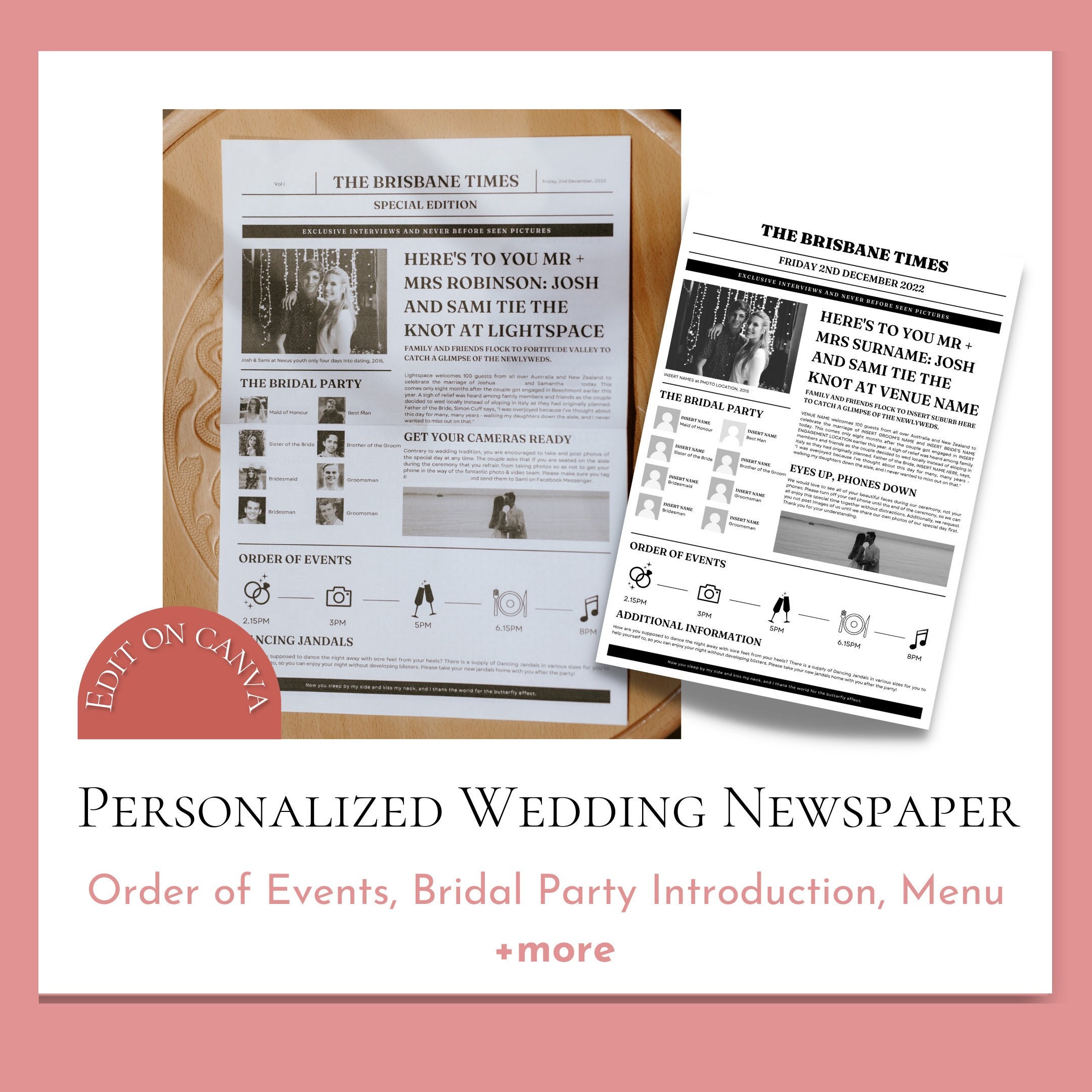Wedding Day Newspaper Order of Events Bridal Party - Etsy