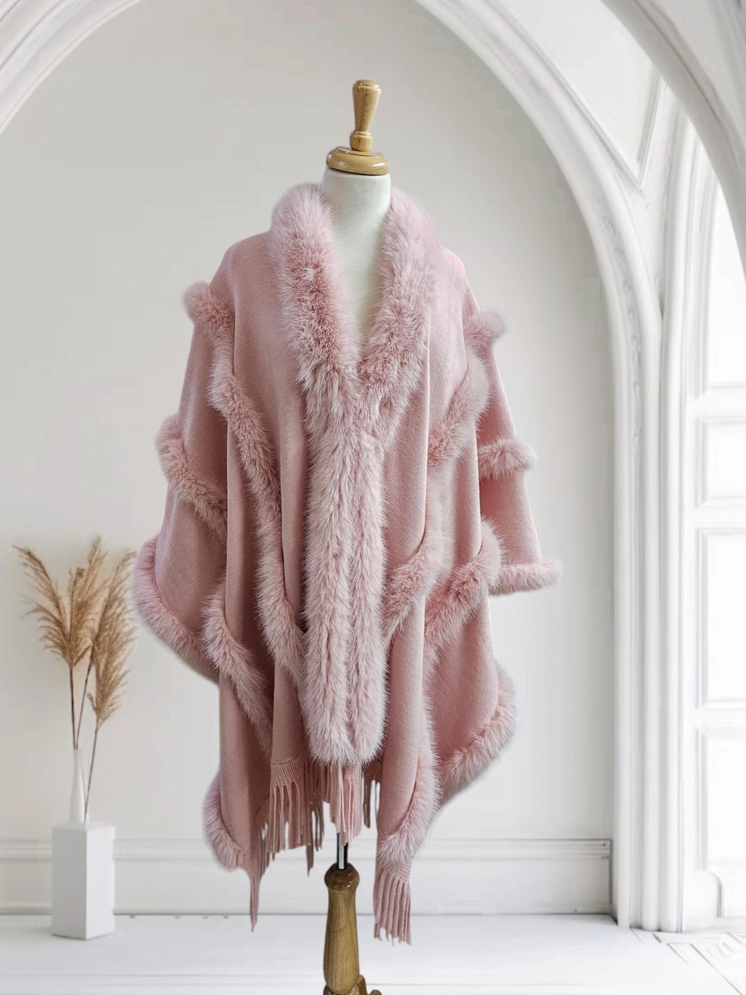 Pink Faux Fur Shawl Cape, Fall Cape, Winter Cape, Neutral Capes, Plus ...