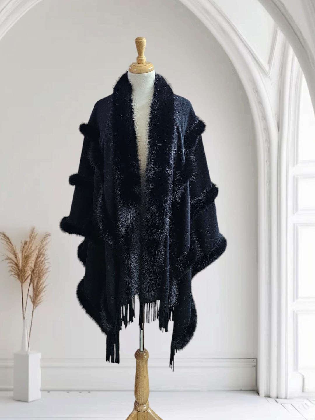 Black Faux Fur Shawl Cape, Fall Cape, Winter Cape, Neutral Capes, Plus ...