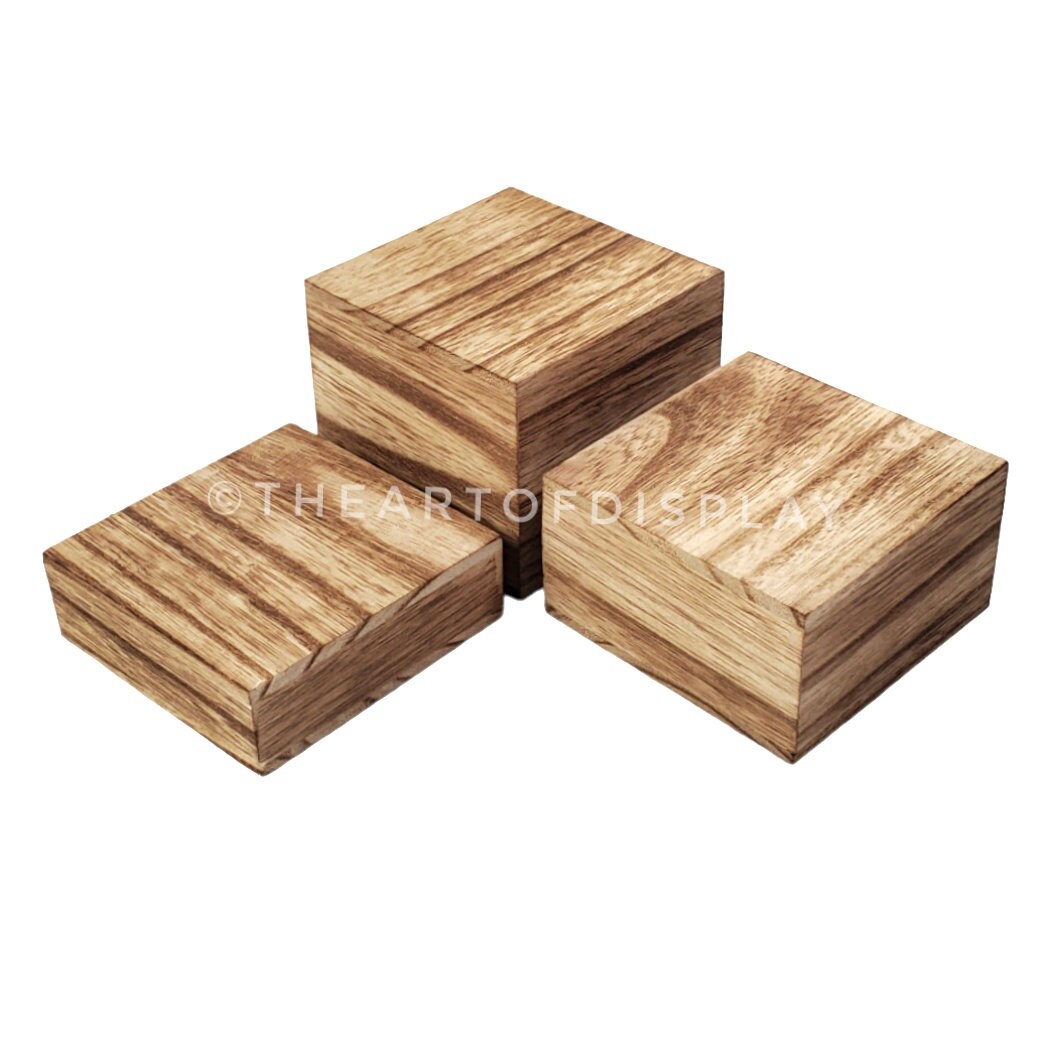 Set of 3 Oak Wooden Risers, Square Block Natural, Jewelry Pedestal ...