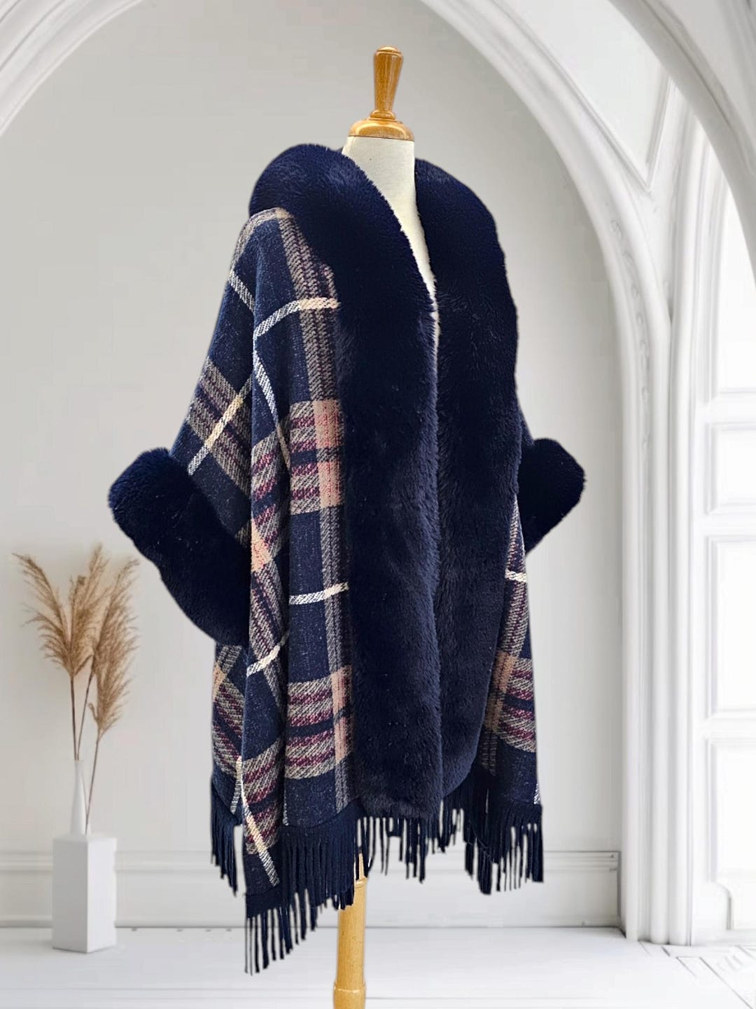 Navy Plaid Cape With Hood, Navy Blue Cape, Shawl Wrap Women, Winter ...