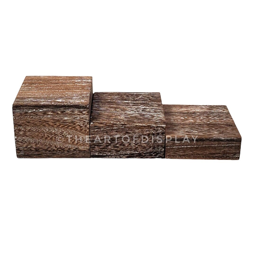 Set of 3 Dark Wooden Risers, Square Block Natural, Jewelry Pedestal ...