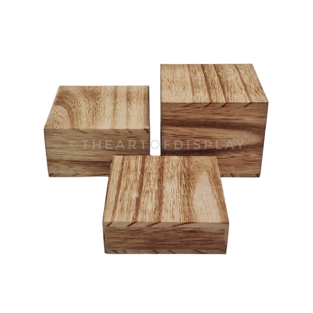 Set of 3 Oak Wooden Risers, Square Block Natural, Jewelry Pedestal ...