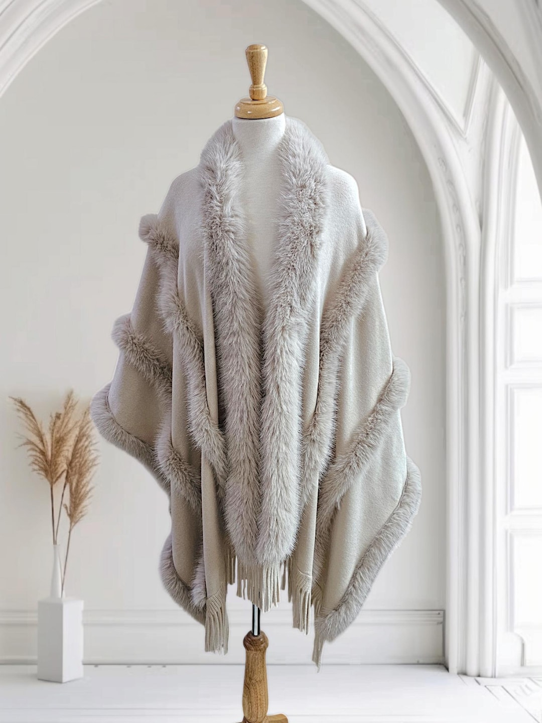 Beige Faux Fur Shawl Cape, Fall Cape, Winter Cape, Neutral Capes, Plus ...