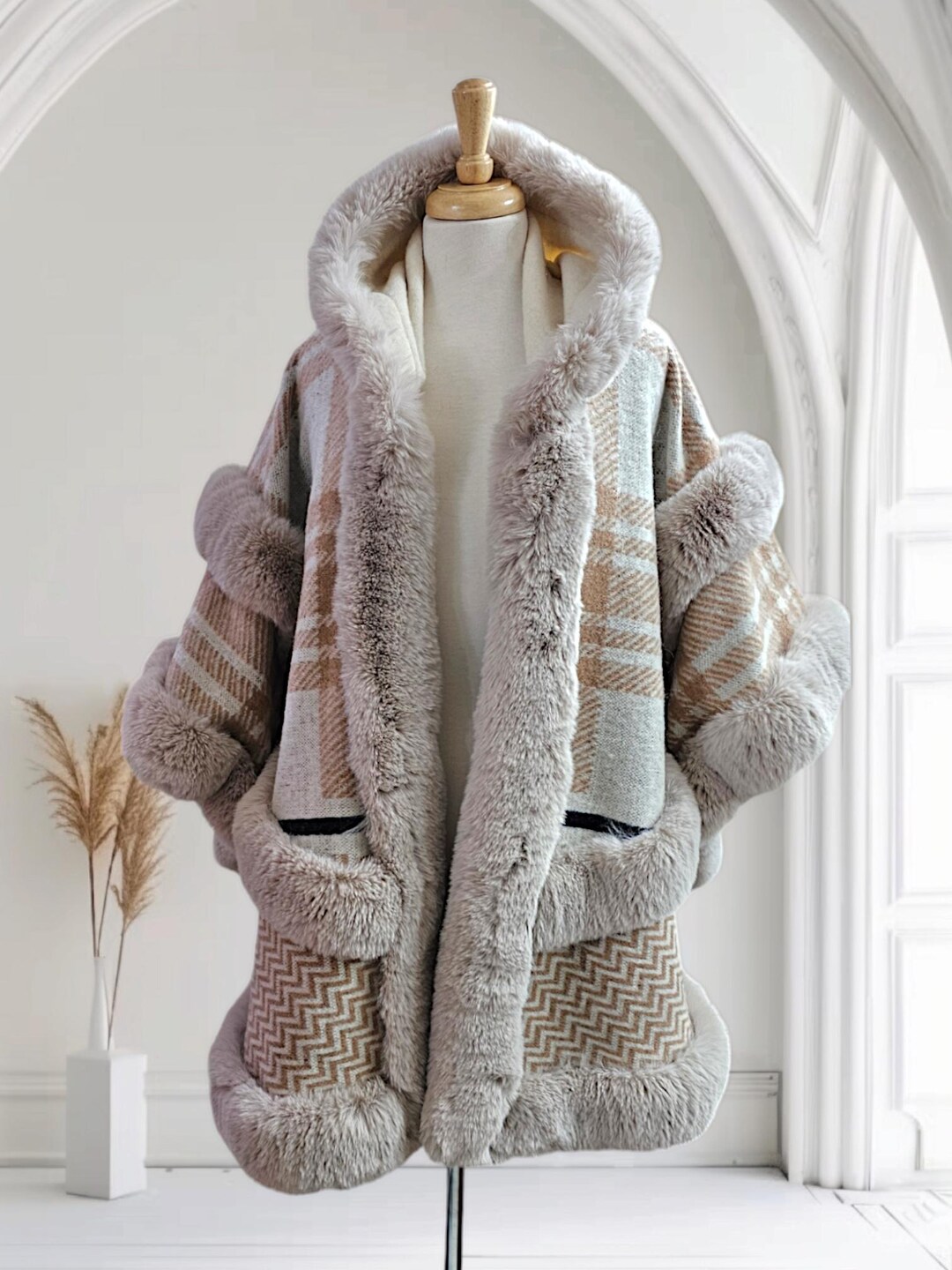 Gray Brown Faux Fur Cape Shawl, Warm Cozy Shawl, Gift for Women, Fall ...