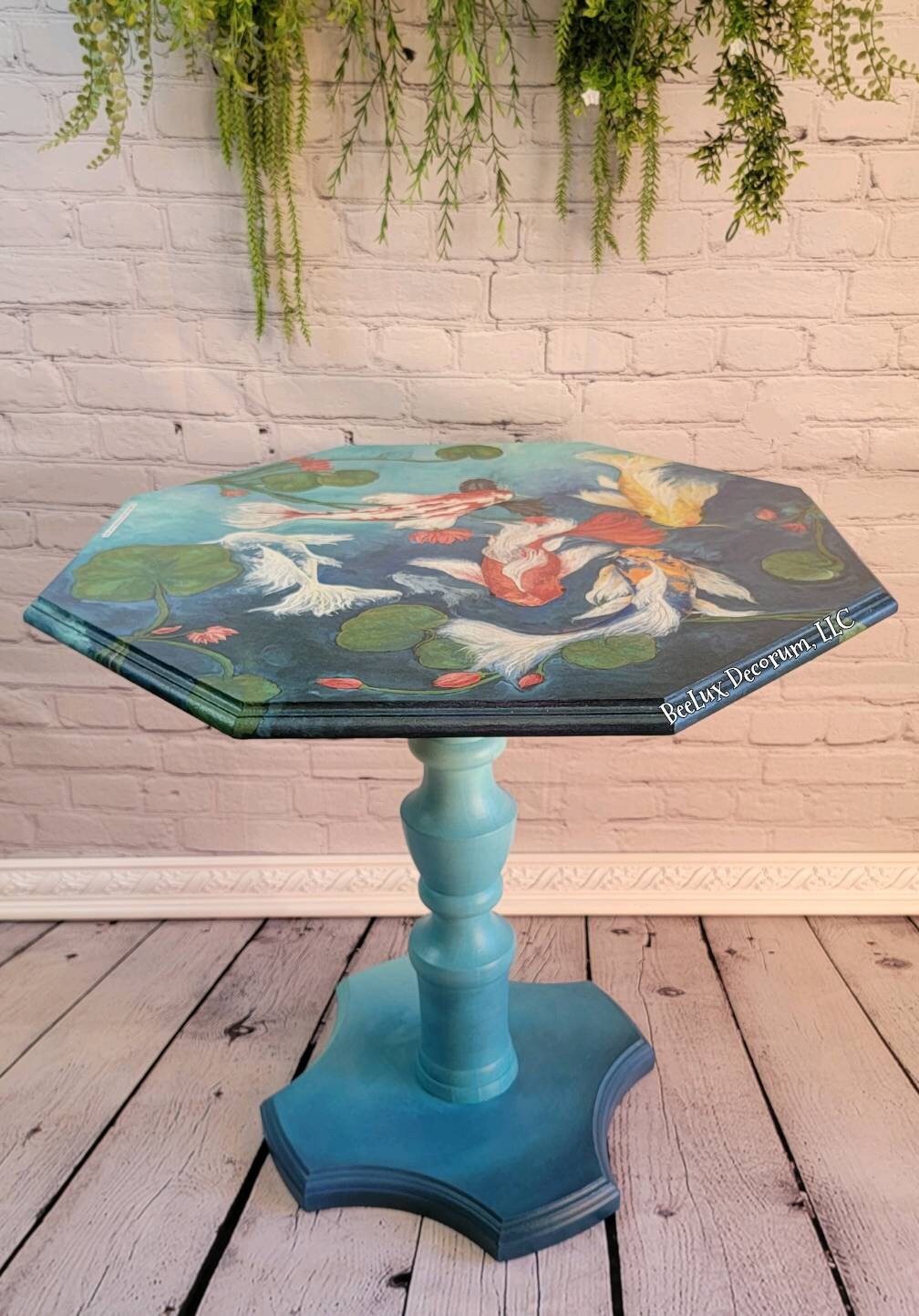 Sold Sold ~ A Koi Story ~ Koi Fish Pond Wood Pedestal Table Lily Pads ...