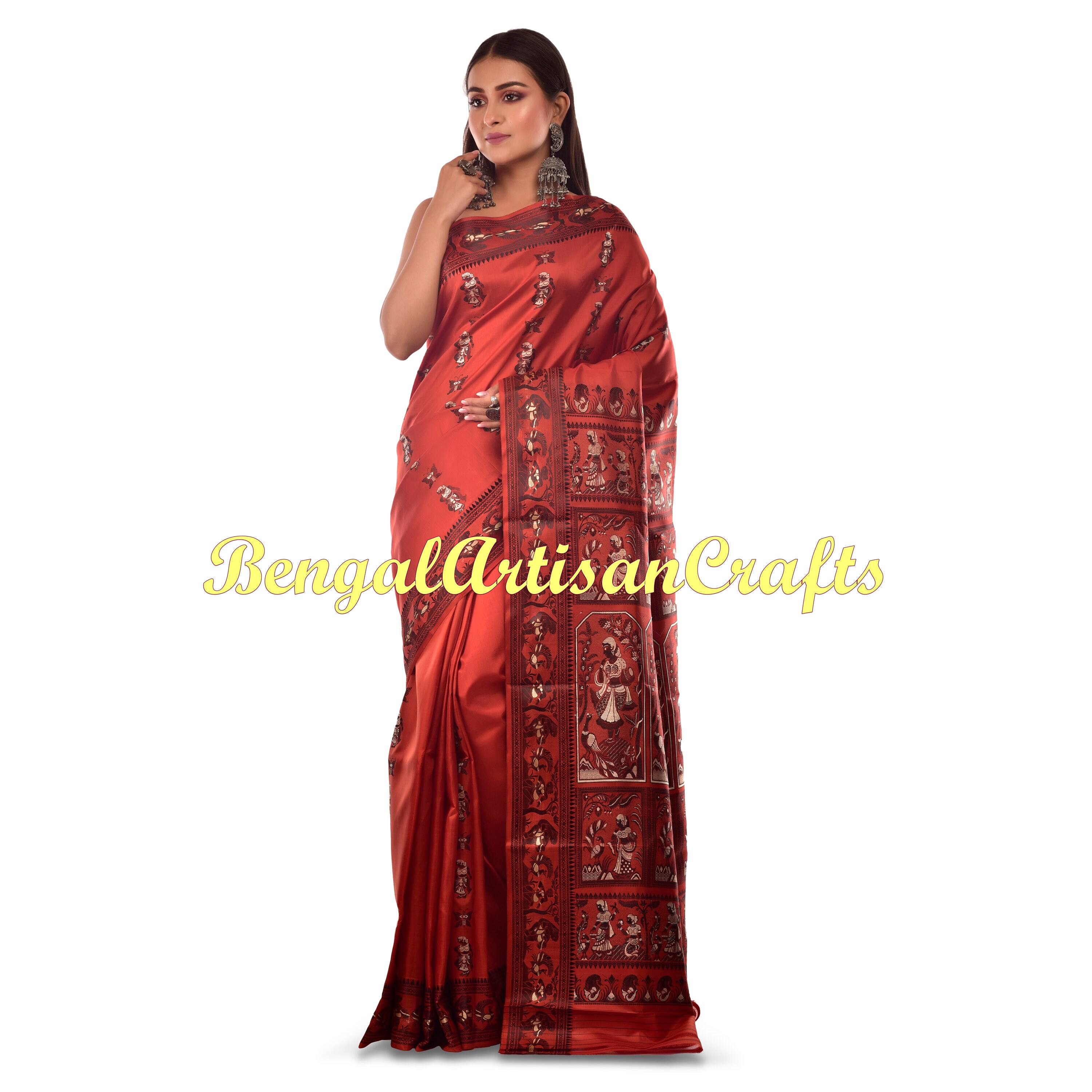 Rust Baluchari Silk Saree Katan Banarasi Saree Swarnachari Saree Bengal ...