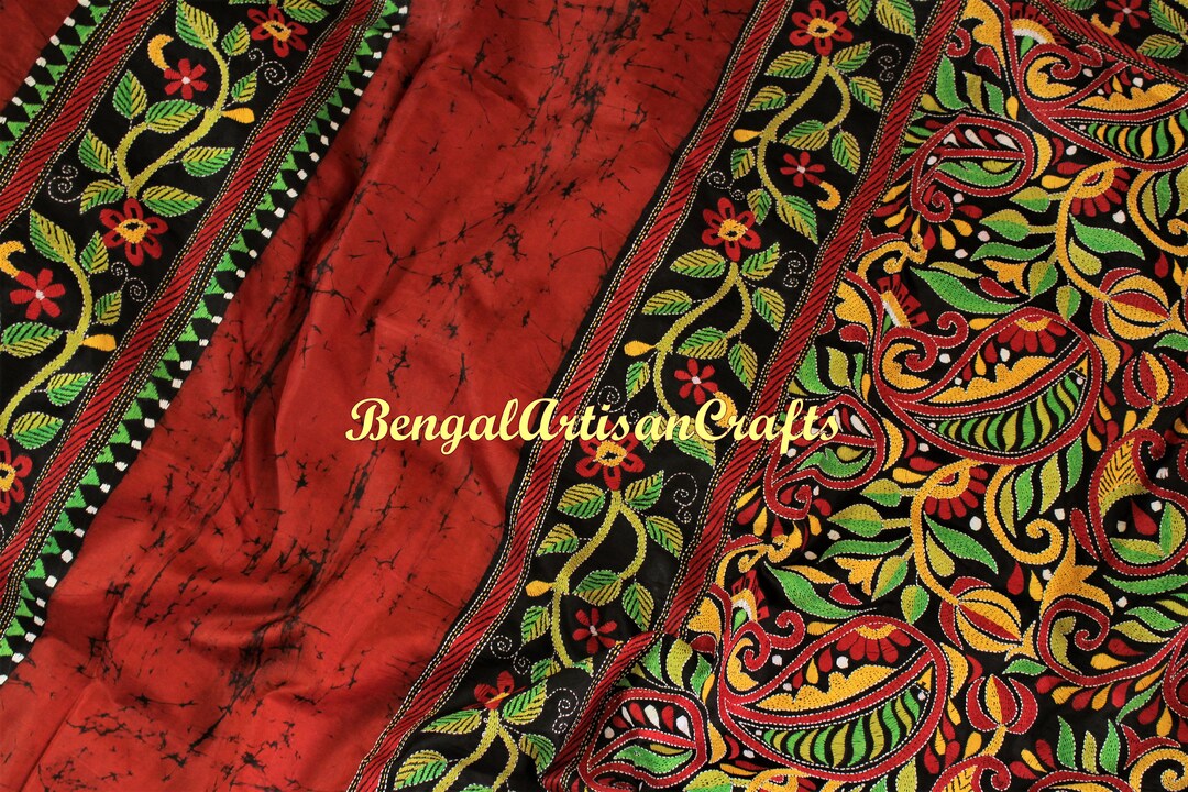 Batik Kantha Saree | Rust Kantha Stitch Saree | Batik Silk Saree ...