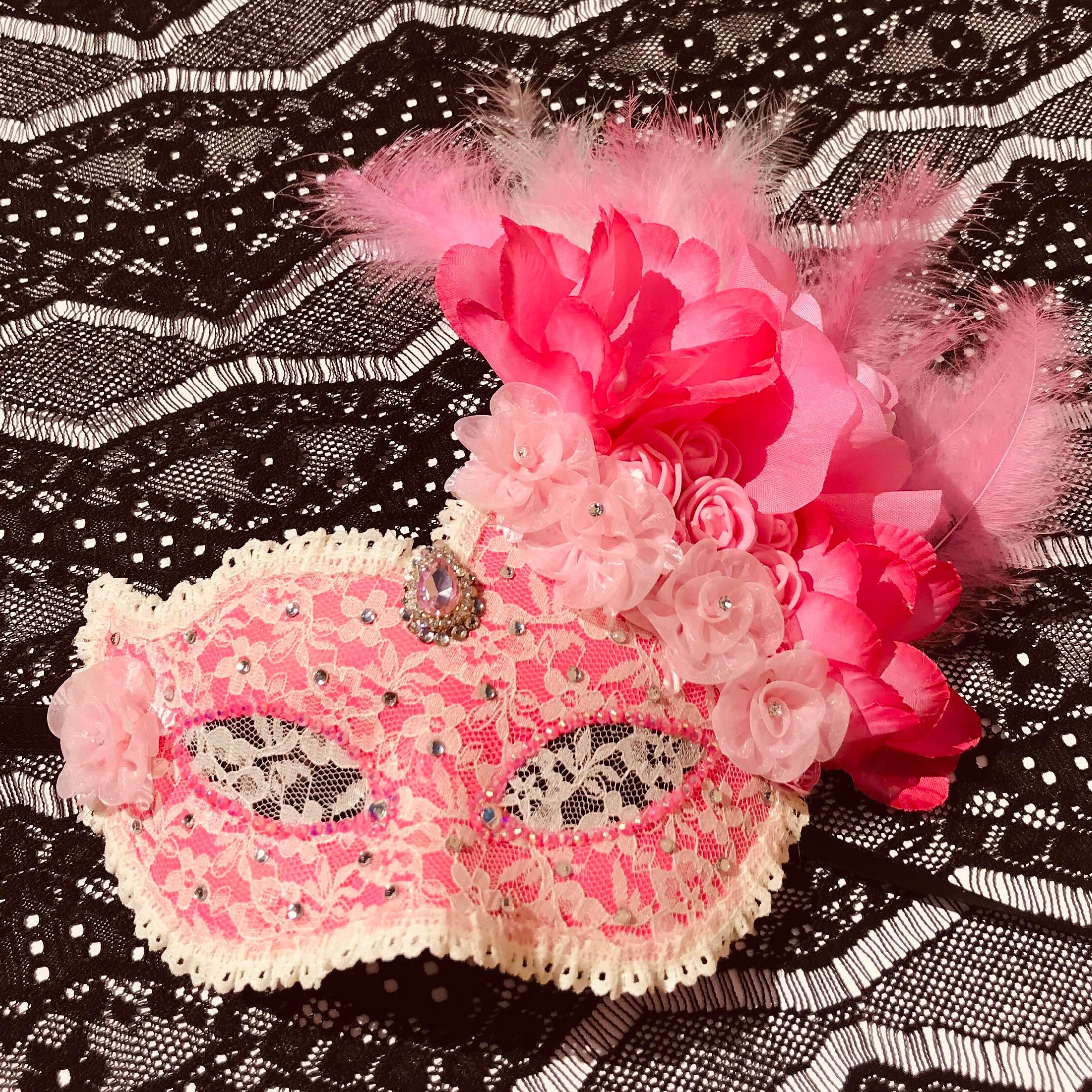 Pink Masquerade Mask: Handmade Lace Mask With Flowers & Rhinestones - Etsy