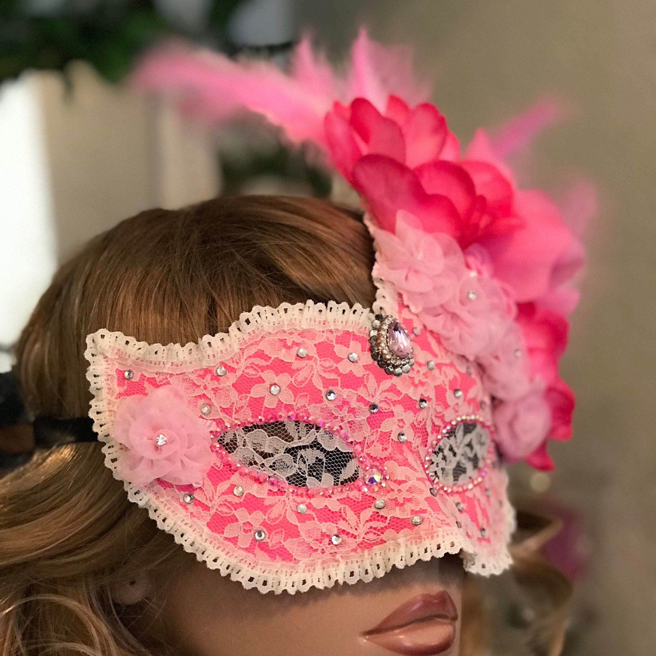 Pink Masquerade Mask: Handmade Lace Mask With Flowers & Rhinestones - Etsy