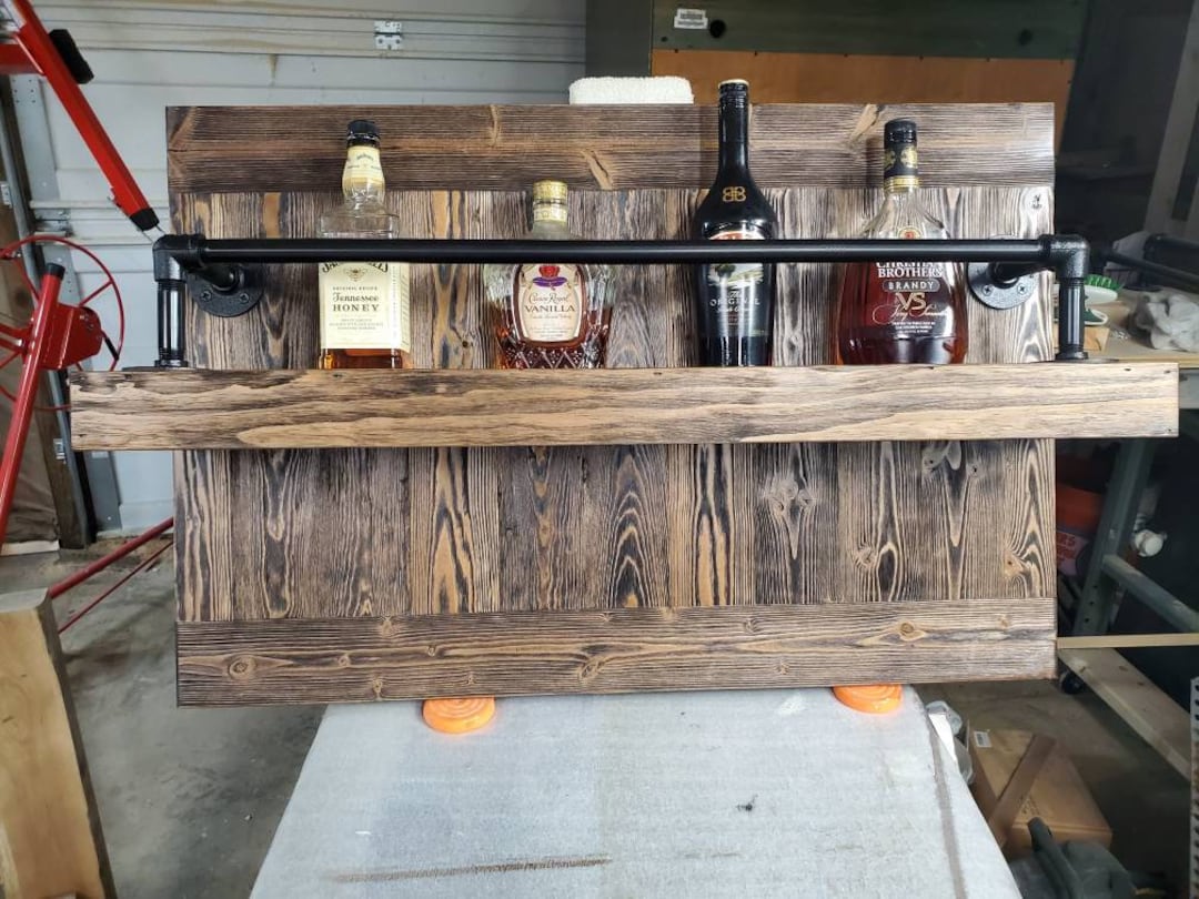 Rustic Reclaimed Wood Liquor and Wine Shelf With Pipe Construction ...