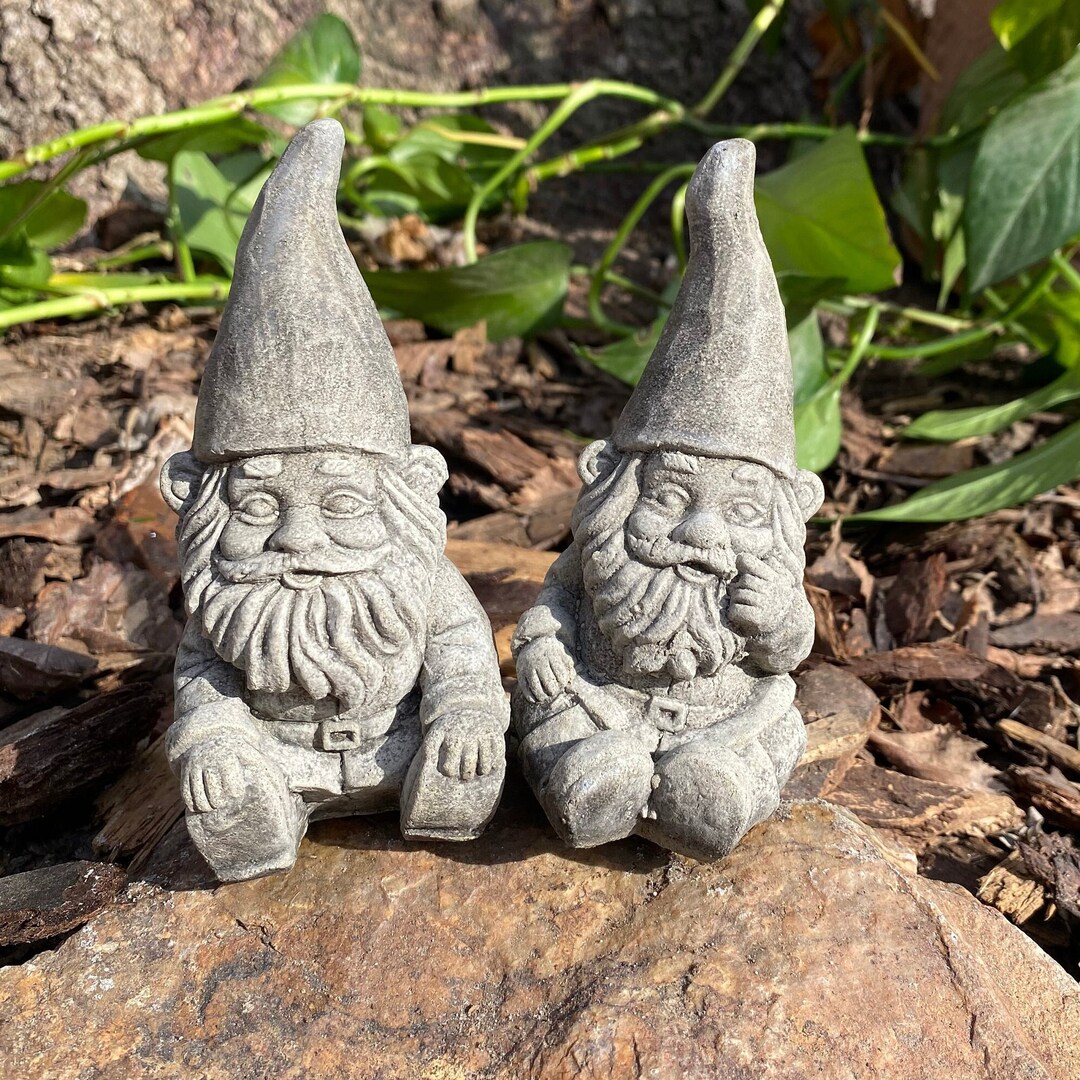 Cheerful Pair of Garden Gnomes Stone Finish or White Handmade Cement ...