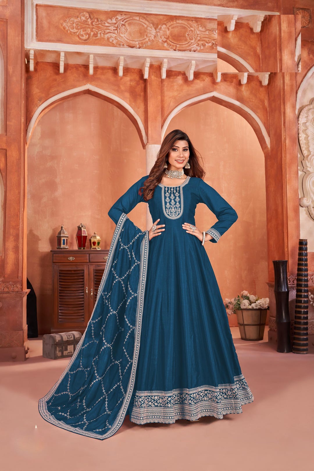Charming Rama Blue Color Designer Gown With Dupatta for Women Mehndi ...