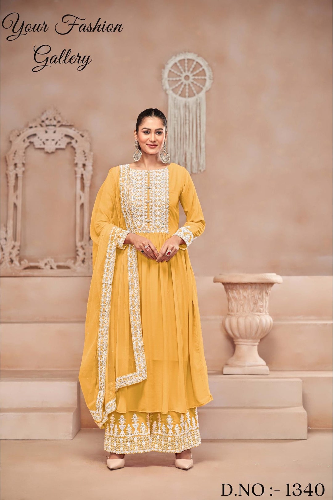 Yellow Creamy Embroidered Dress, Pakistani 3 Piece Suit, Long Sleeve ...