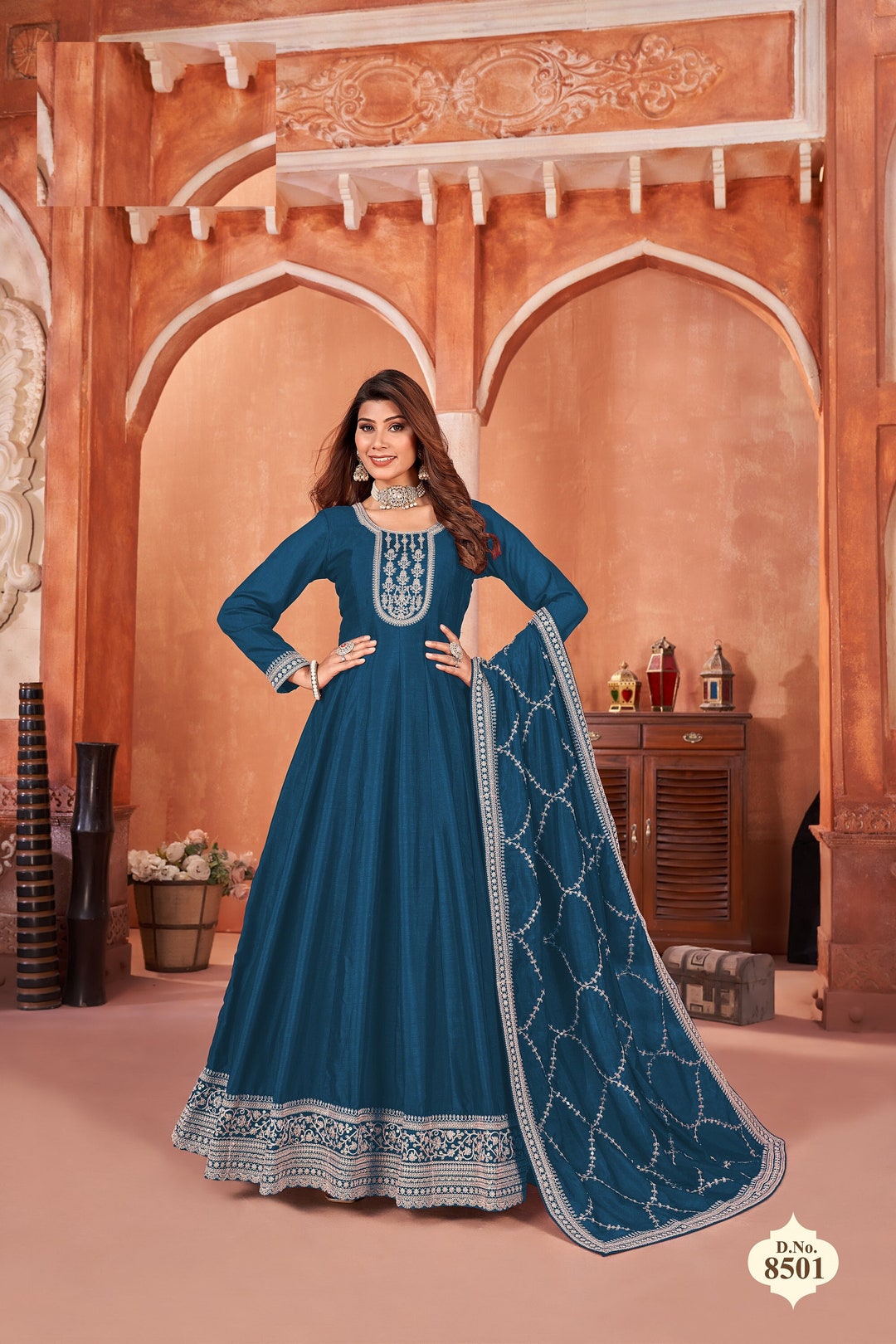 Charming Rama Blue Color Designer Gown With Dupatta for Women Mehndi ...