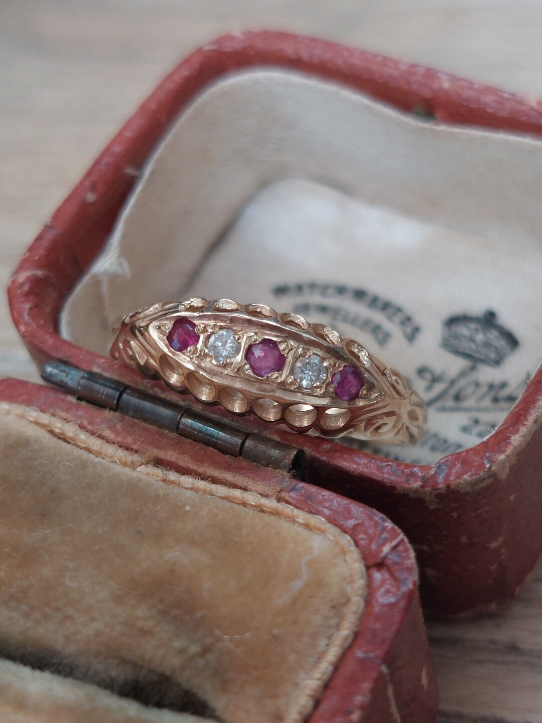 Vintage Ruby and Diamond 5 Stone Boat Ring Solid 9ct Yellow Gold US 7.5 ...
