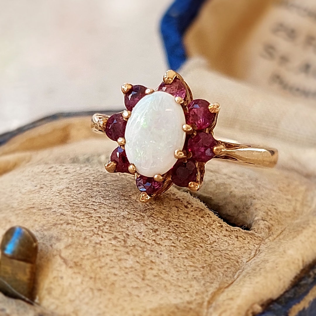 Vintage Opal and Ruby Halo Ring | Solid 9 Ct Yellow Gold | Size UK I US ...