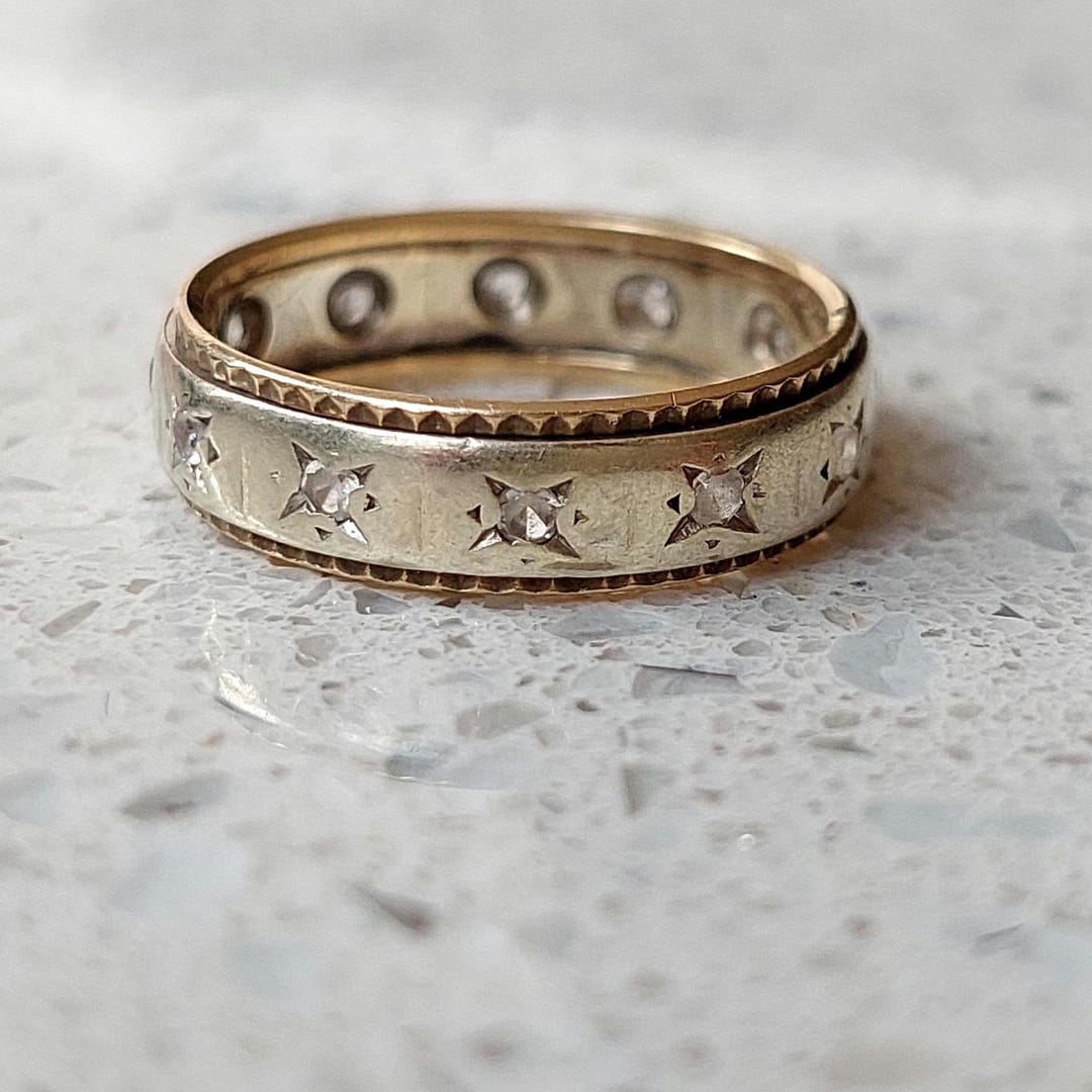 Vintage Solid 9 Ct Gold Diamond Eternity Ring Gypsy Star Ring Size US 4 ...