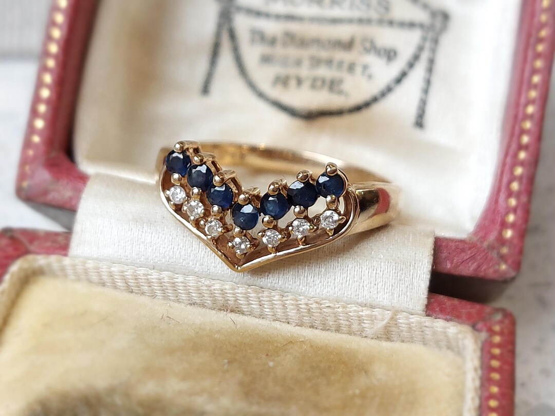 Vintage Sapphire Diamond Wishbone Ring | Solid 9ct Yellow Gold ...