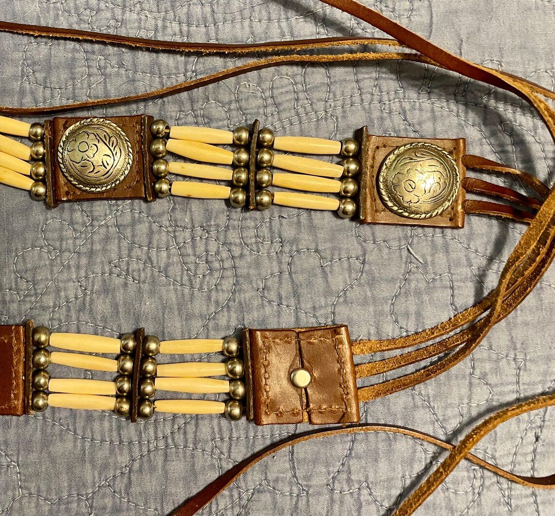 Vintage Native American Concha Leather Tie Belt With Bone Hair-pipe - Etsy