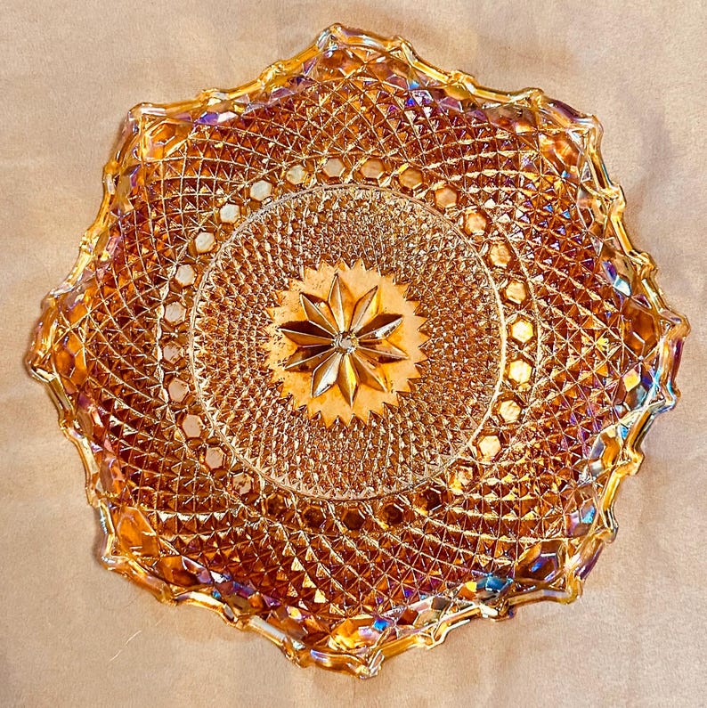 Carnival Iridescent Amber Glass, Ruffled Edge Plate, From Indiana Glass ...