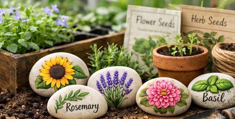 Hand Painted Garden Pebbles: Sunflower, Lavender, Dahlia, Herb Designs ...