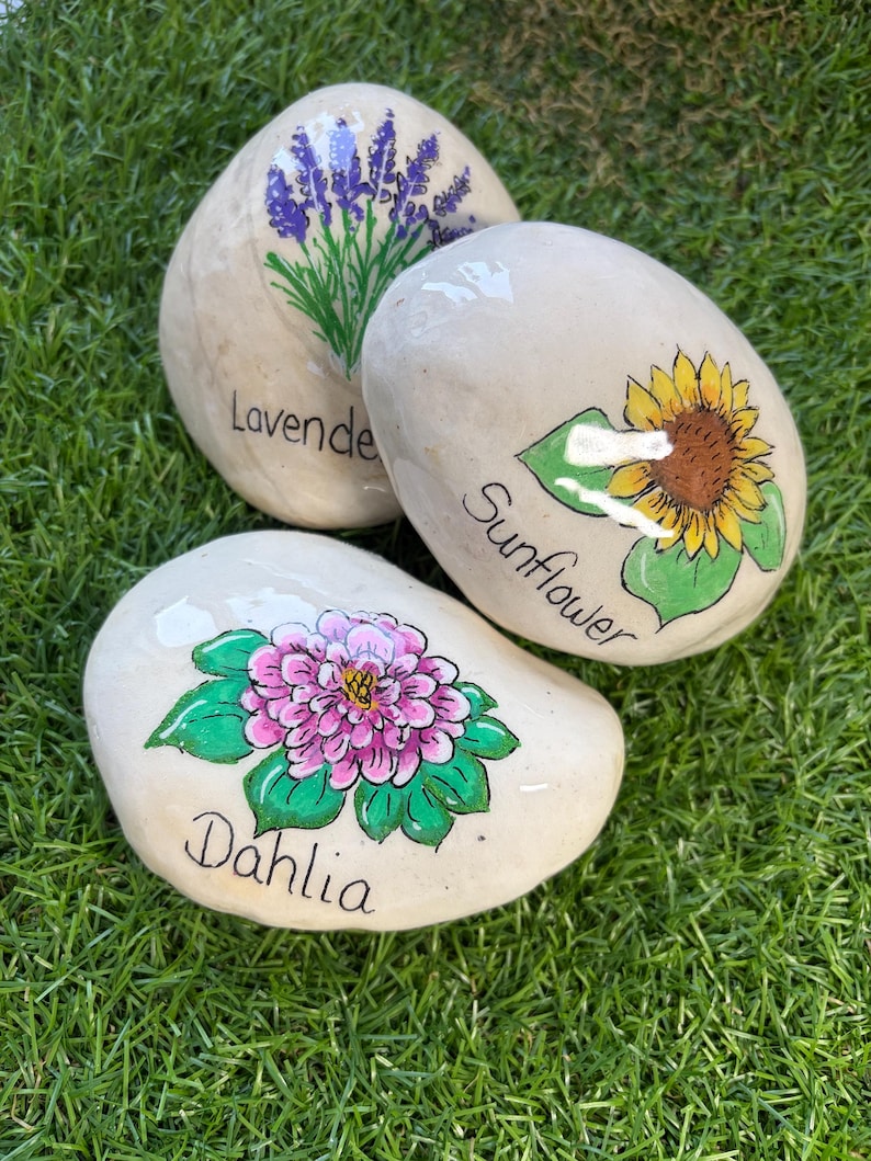 Hand Painted Garden Pebbles: Sunflower, Lavender, Dahlia, Herb Designs ...