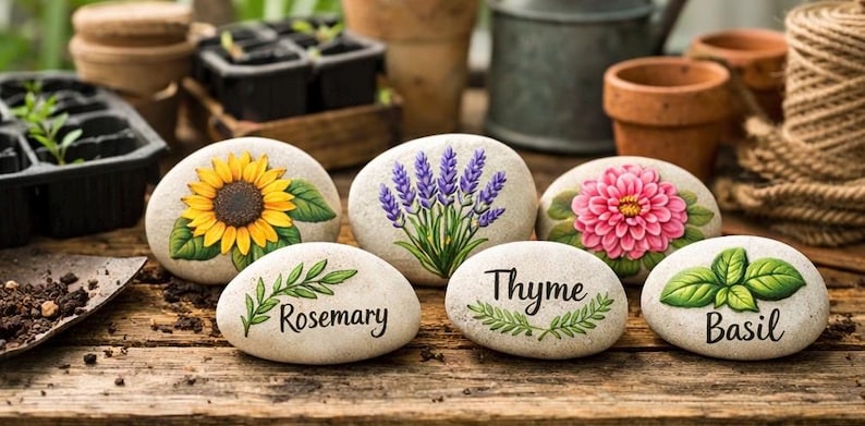 Hand Painted Garden Pebbles: Sunflower, Lavender, Dahlia, Herb Designs ...