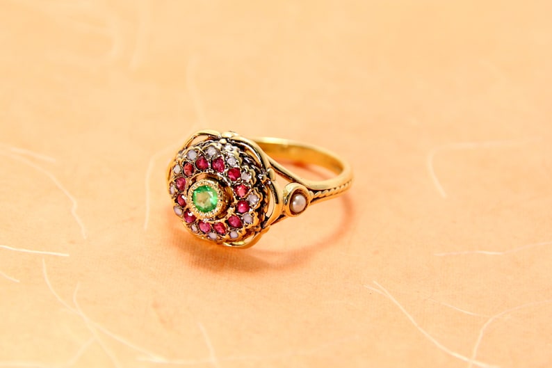 Amazing 14K gold ring with a real Emerald Ruby and pearl . | Etsy