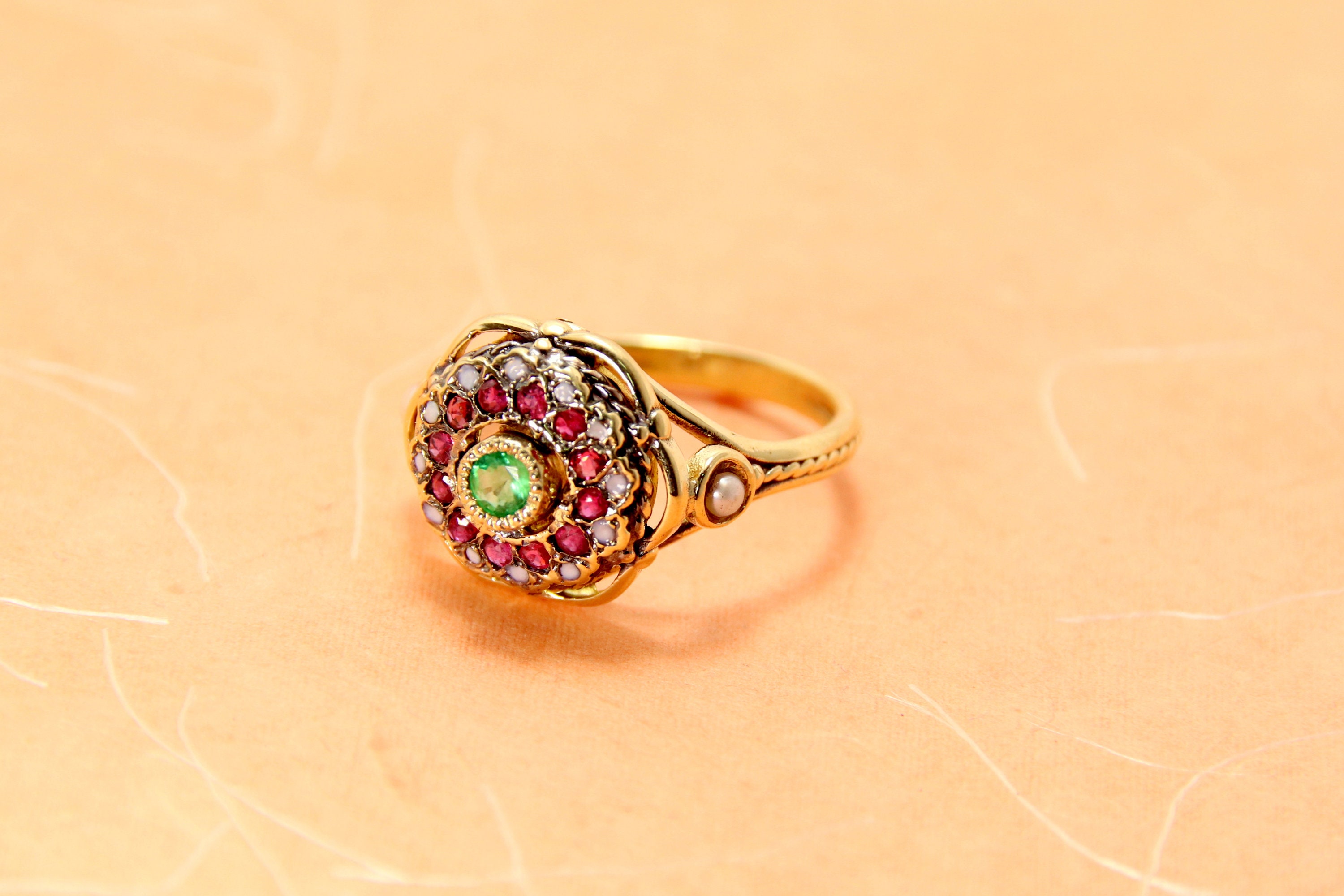 Amazing 14K gold ring with a real Emerald Ruby and pearl . | Etsy