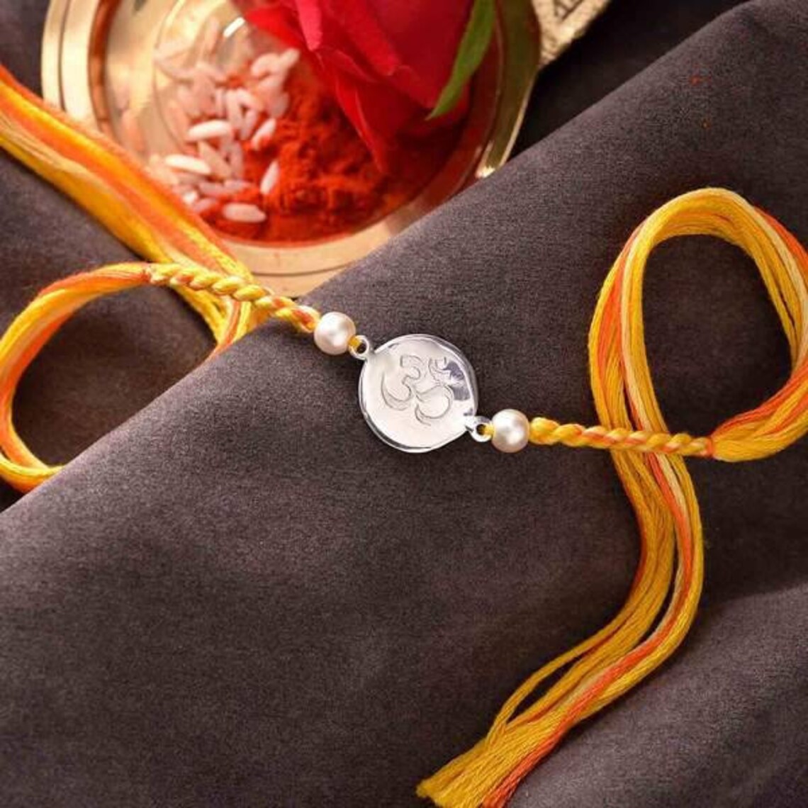 Om & Swastik 925 Silver Set of 2 Rakhis, Coin Rakhi, Pearl and Stones ...