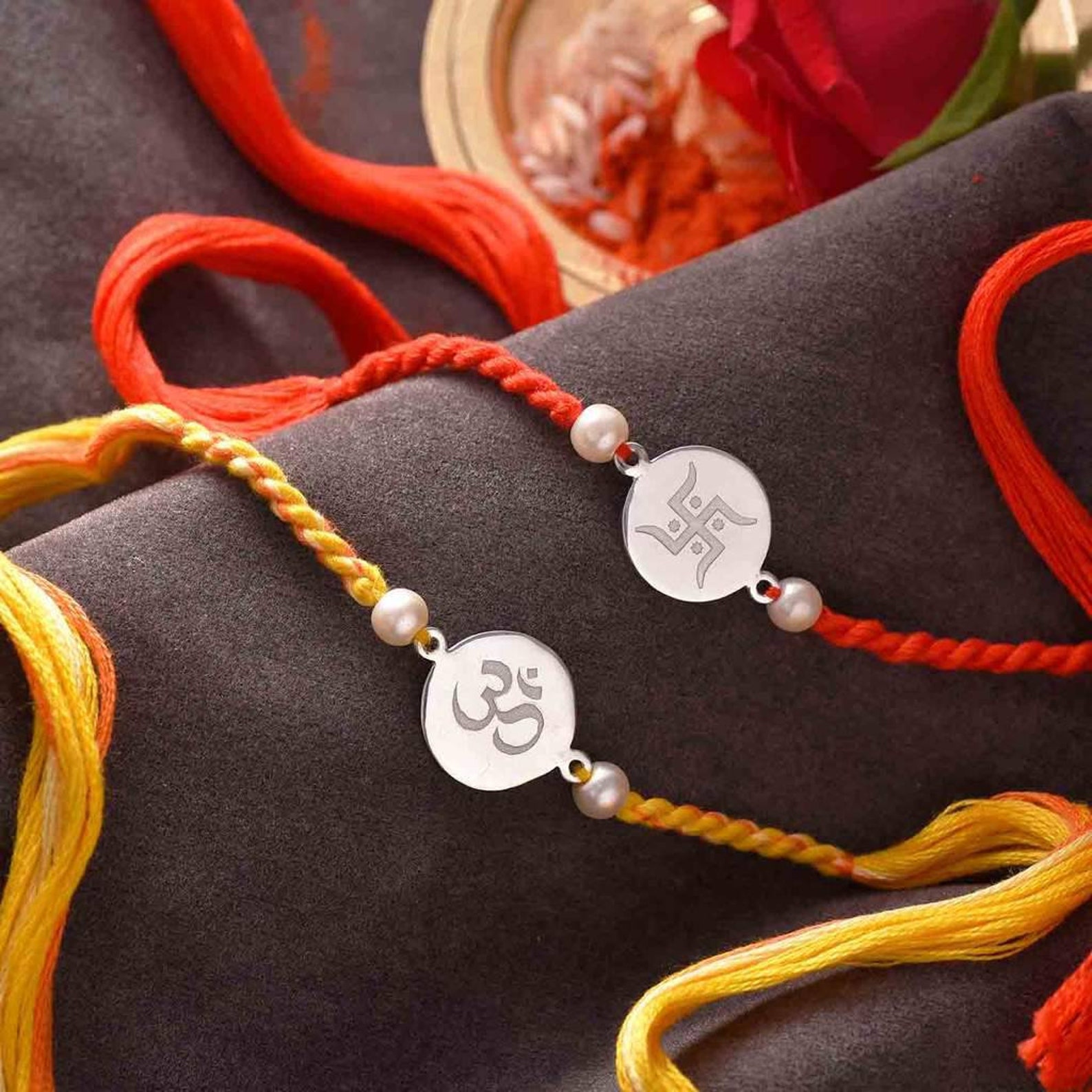 Om & Swastik 925 Silver Set of 2 Rakhis, Coin Rakhi, Pearl and Stones ...