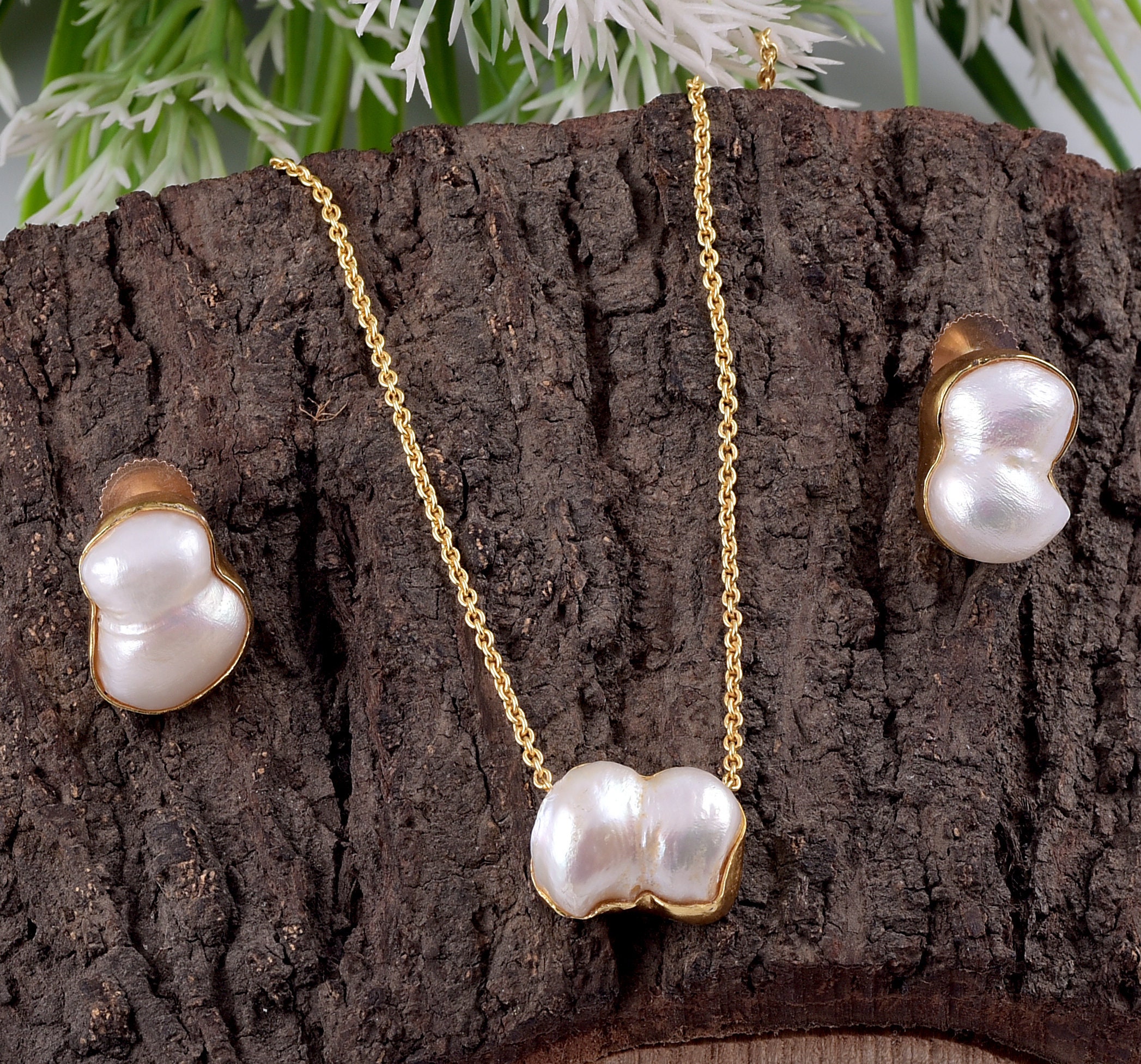 Twin Pearl Necklace Set, Set of 3, Free Form, 925 Silver, 16kt Polish ...