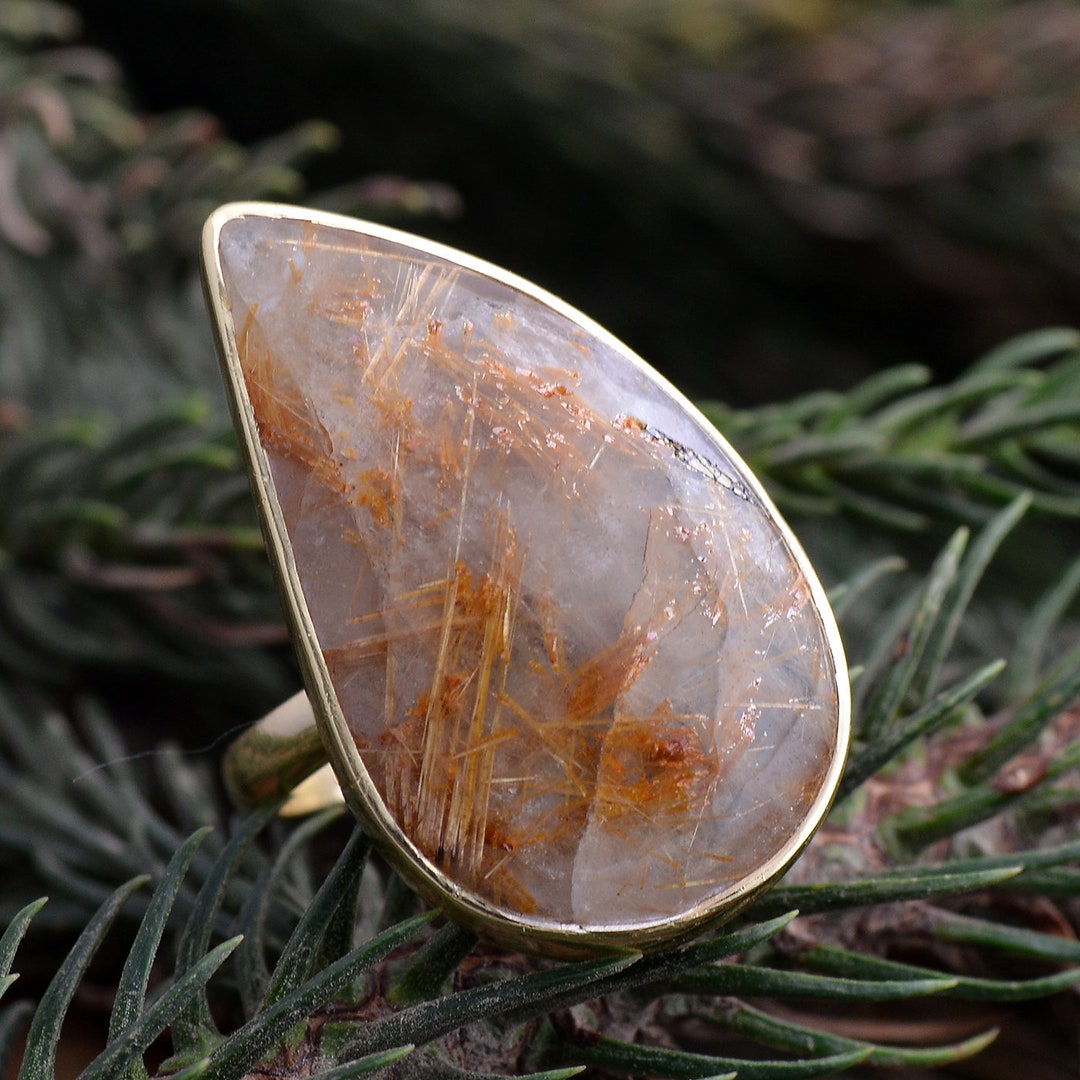 Paisley Shape Ring, Gold Rutilated Quartz Ring, 925 Sterling Silver ...