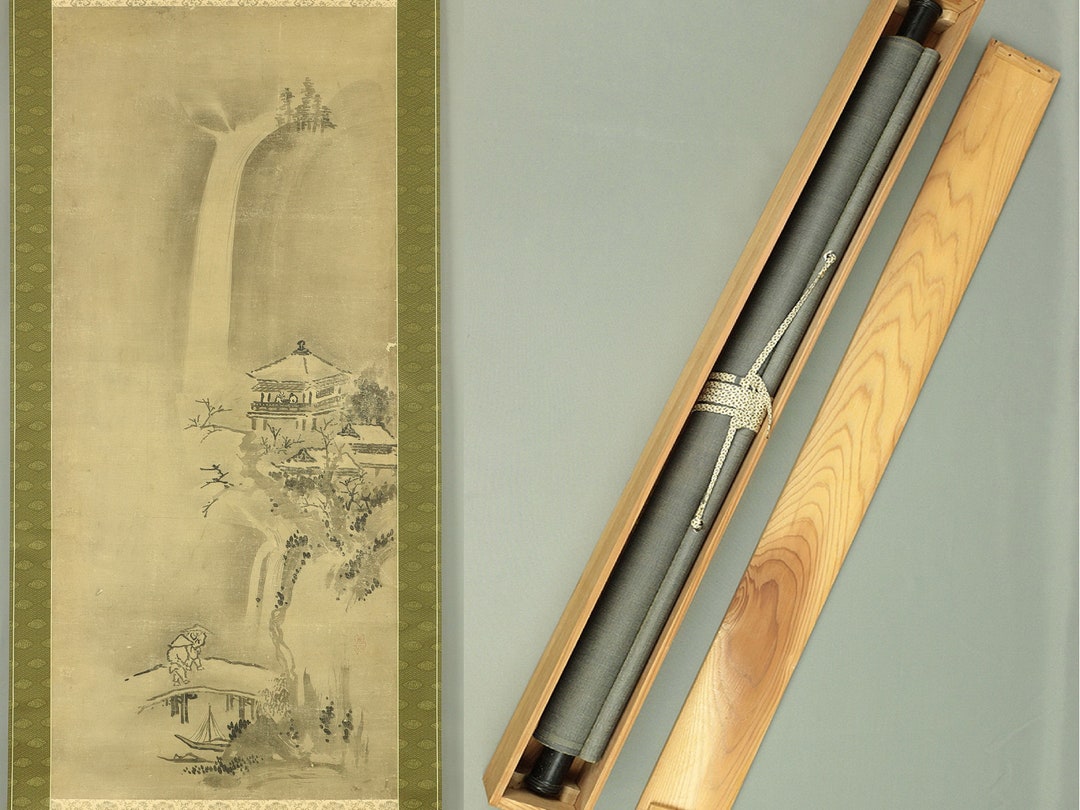 Antique Japan Japanese Landscape Scroll Waterfall + Box 18th Ct - Etsy
