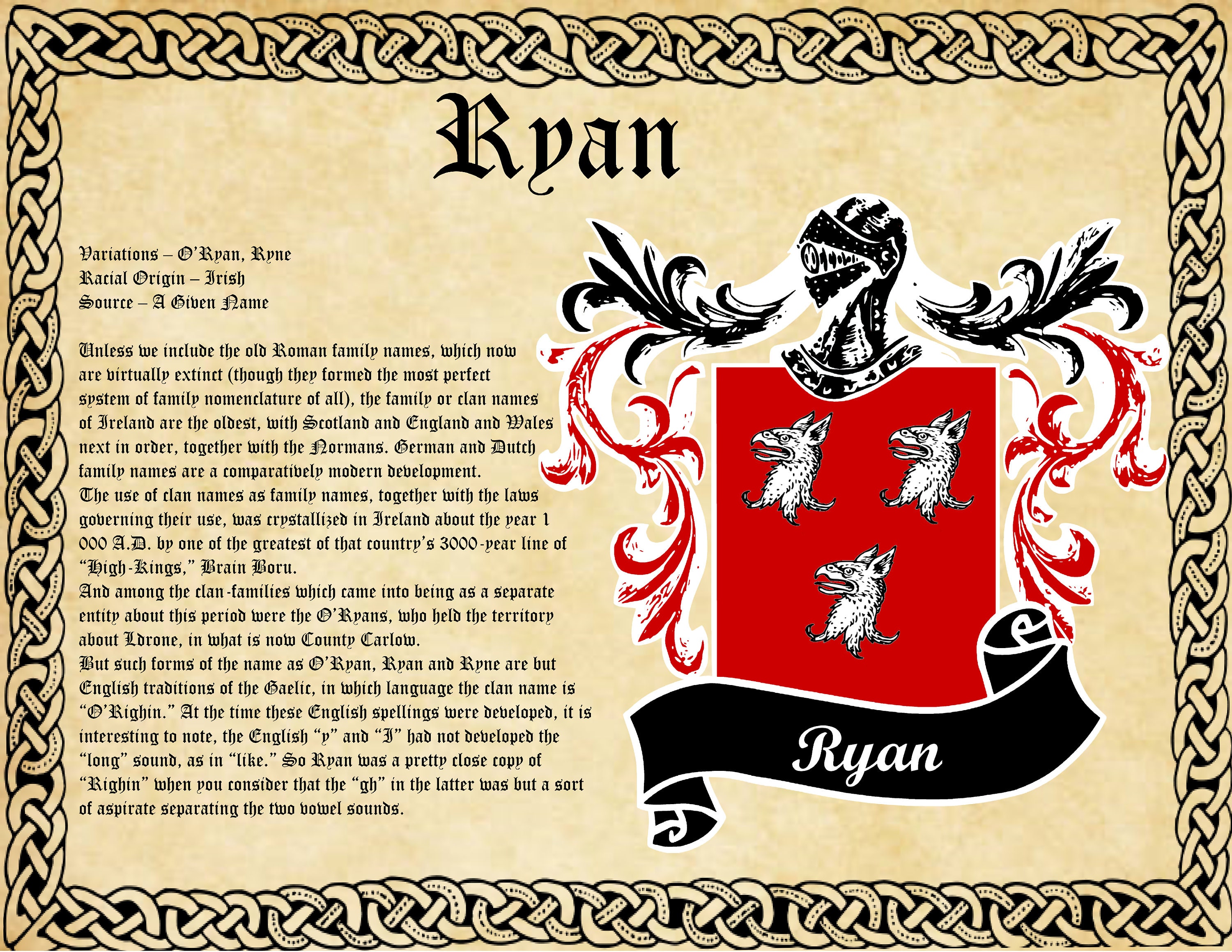 Ryan Coat of Arms Vintage Poster - Etsy