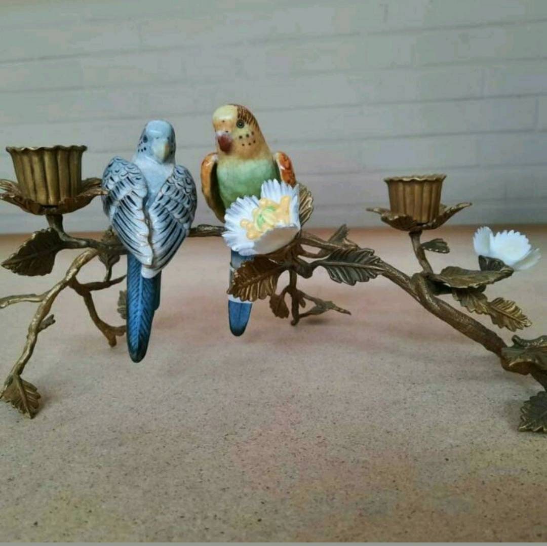 Bronze Candlestick With Parakeets, Parrots, Porcelain Hand-painted ...