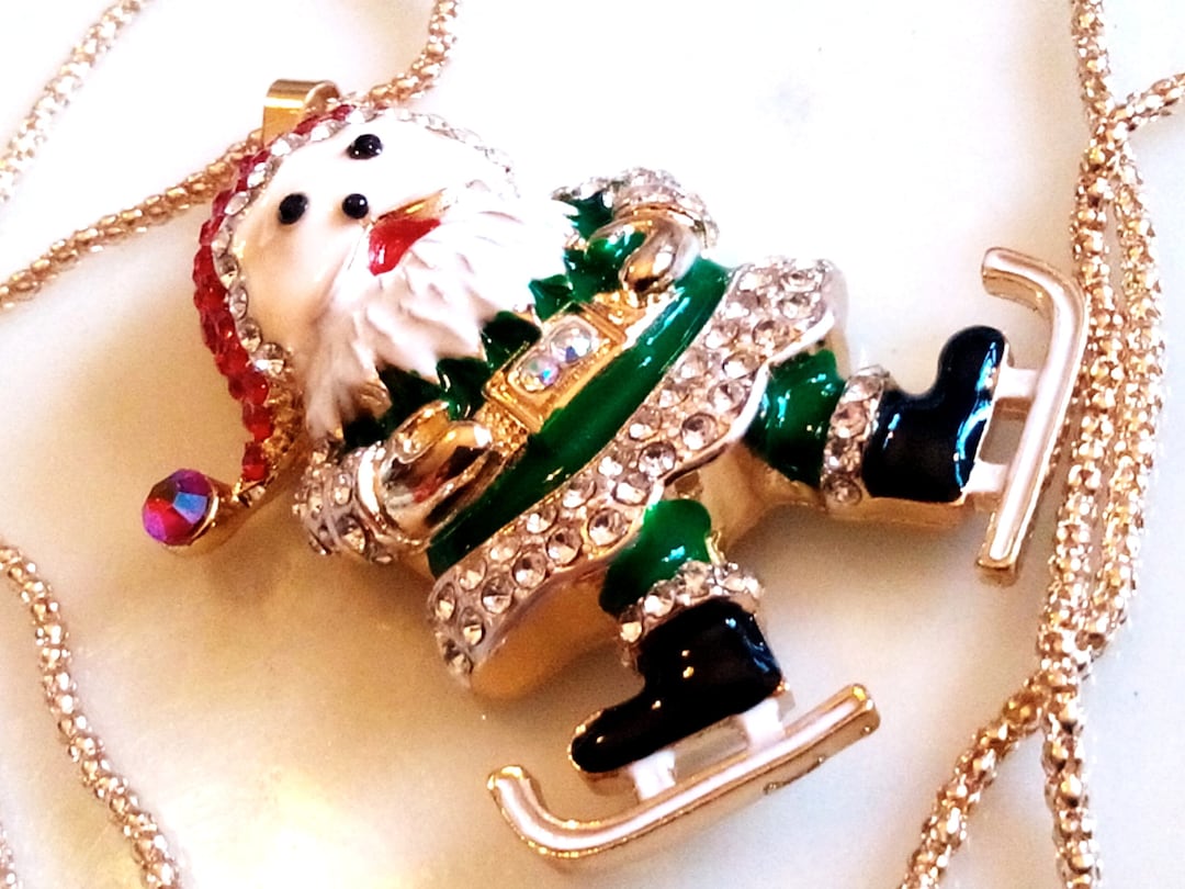 SANTA CLAUS NECKLACE Radiant Rhinestoned & Enameled Christmas Pendant ...