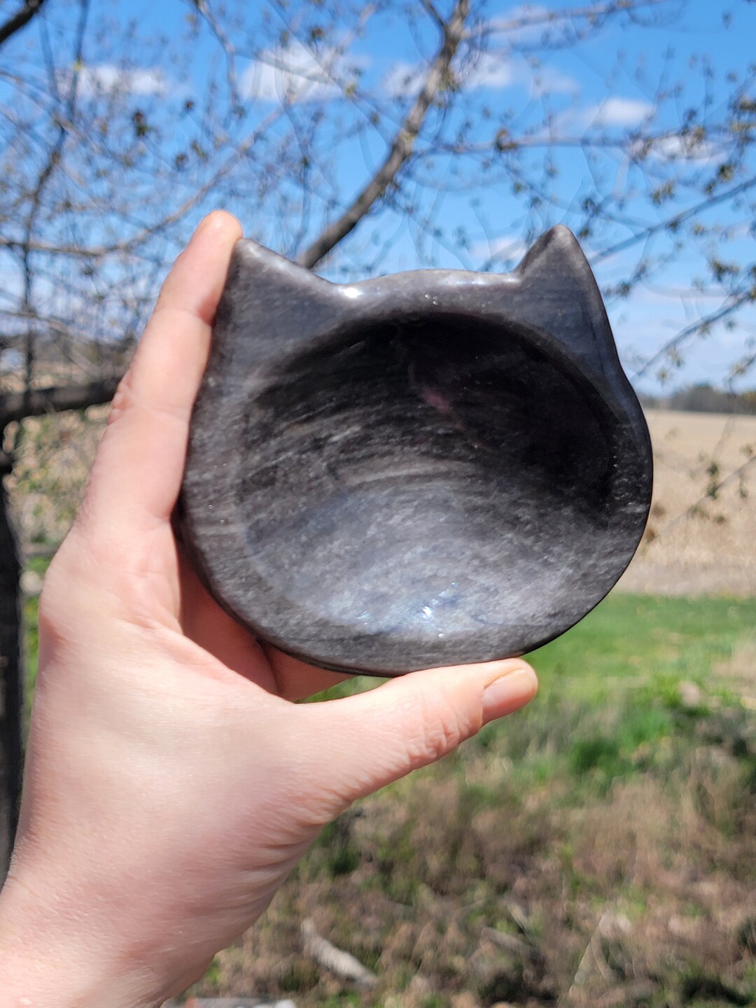 Silver Sheen Obsidian Cat Bowl Crystal Carving - Volcanic Crystals ...