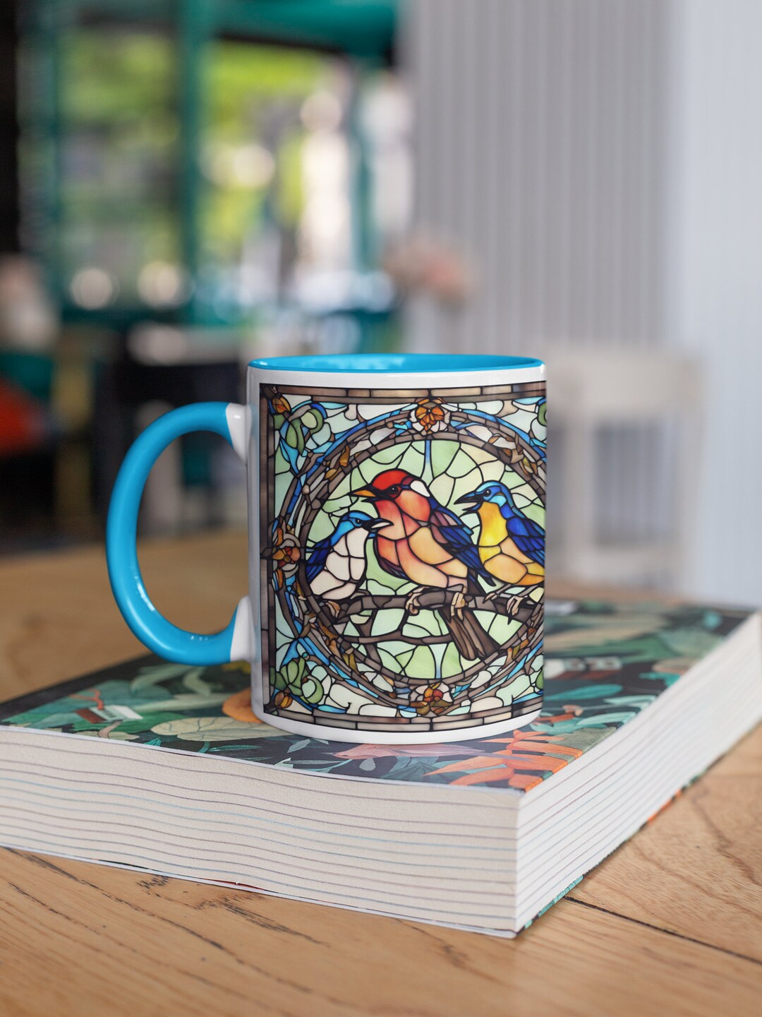 Stained Glass Birds Mug, Stained Glass Mug,garden Mug, Watercolor Birds ...