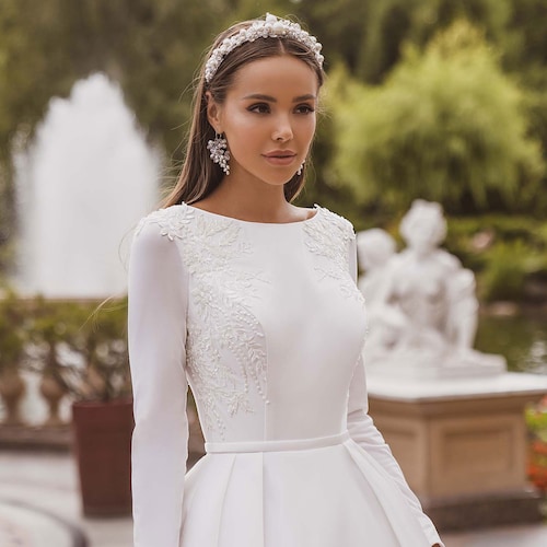 Modest Wedding Dress Satin Wedding Dress Long Sleeve Wedding - Etsy