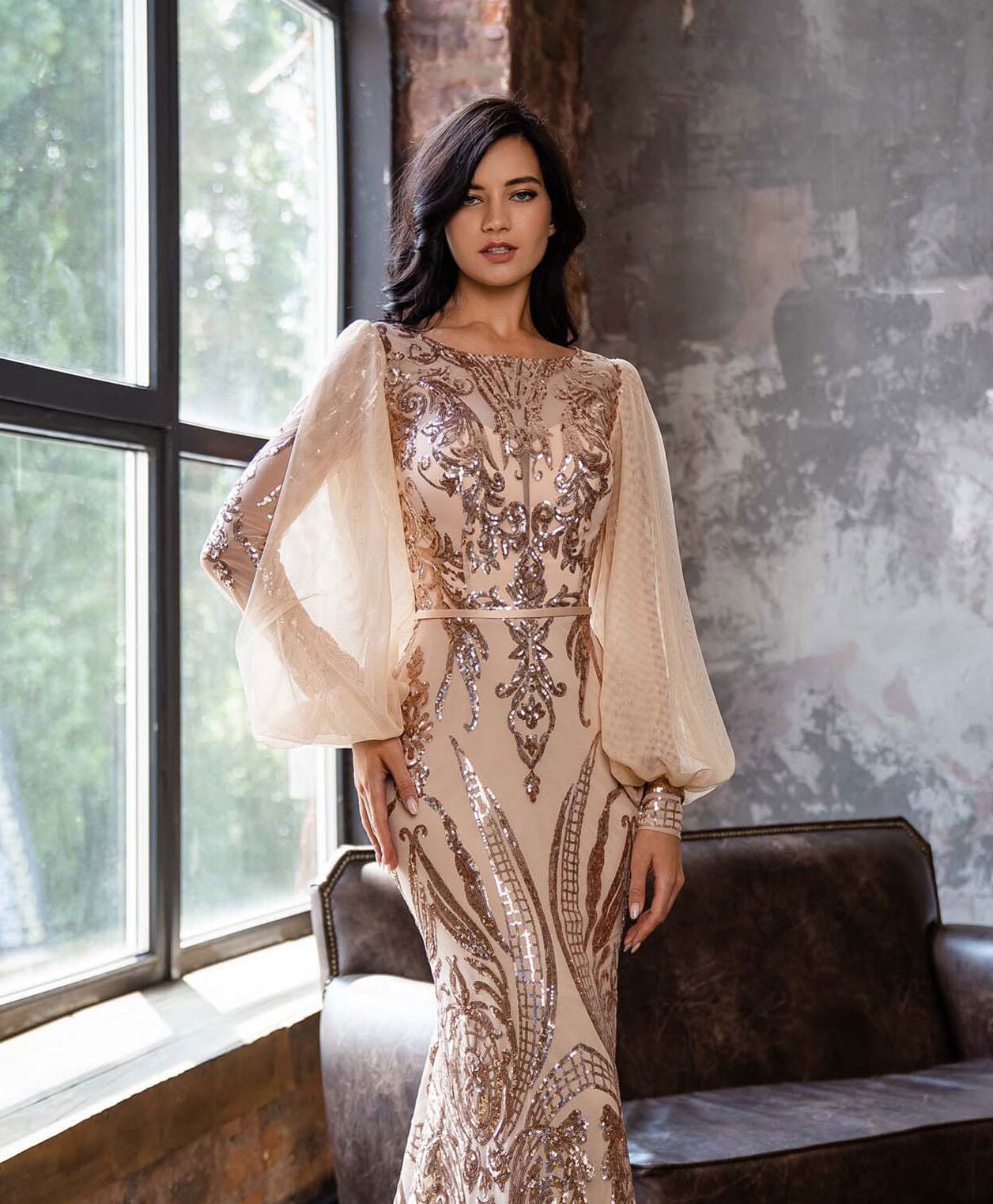Gold Long Dress With Lace Sleeves