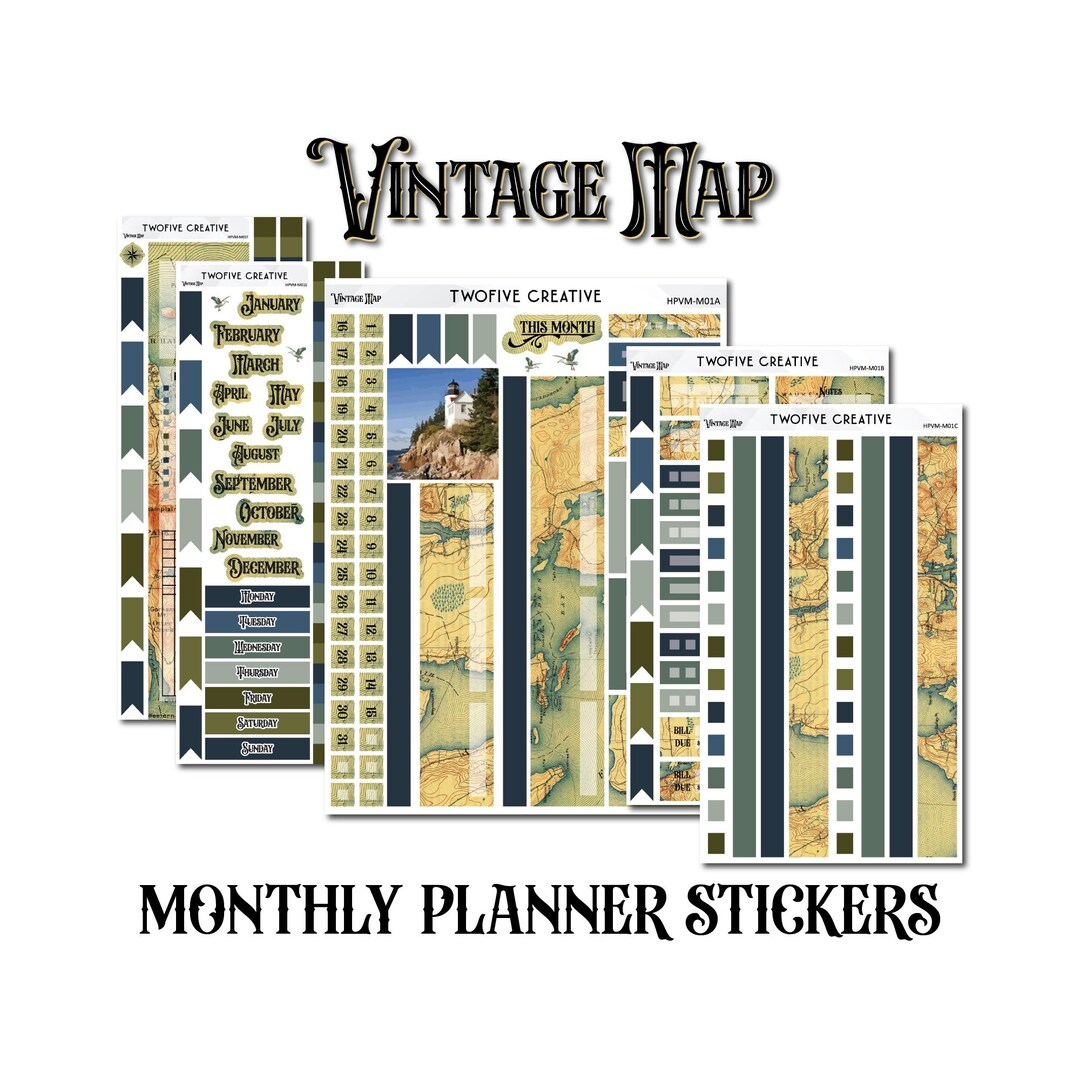 Vintage Map Monthly Planner Stickers · Undated Vertical Monthly Sticker ...