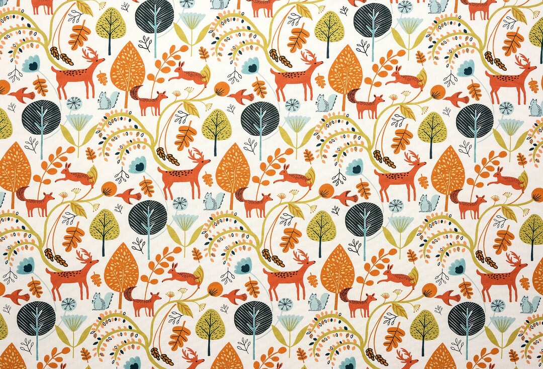 Oilcloth Tablecloth Scandi Burnt Orange Woodland Creatures Foxes, Deer ...