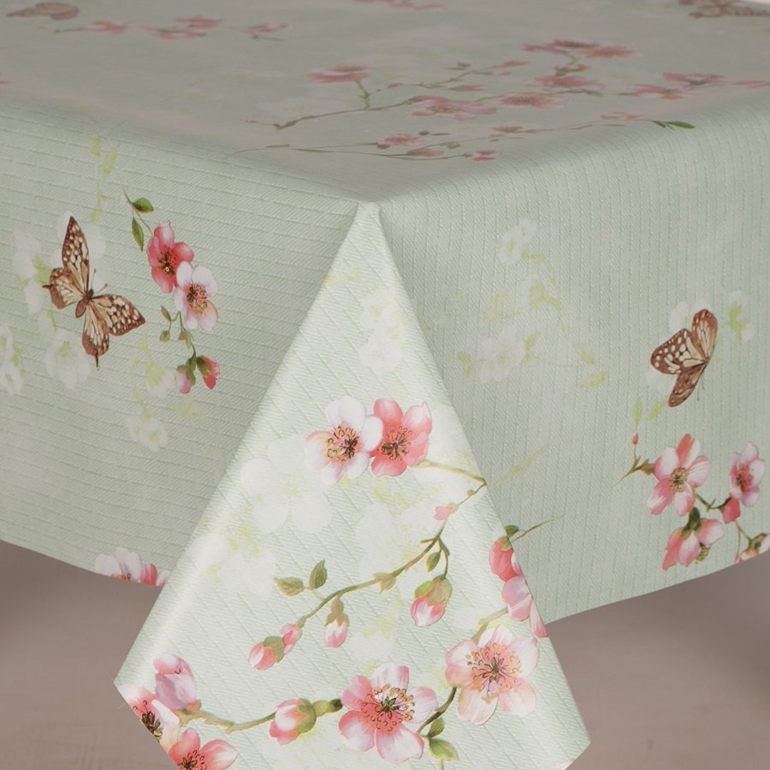 PVC Tablecloth Pretty Blossom Flowers and Butterflies, in Pinks and ...