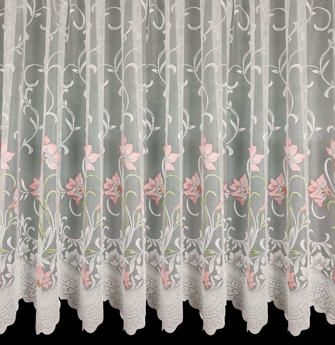 Bella Hand Painted Net Curtains, White Ground With Pink Flowers and ...