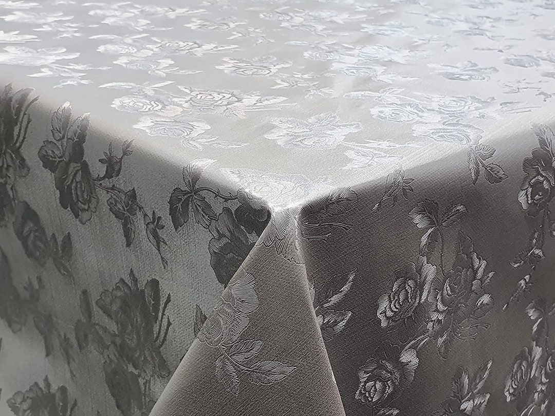 PVC Tablecloth Large Silver Roses on Silver Ground Wipe Clean, Vinyl ...
