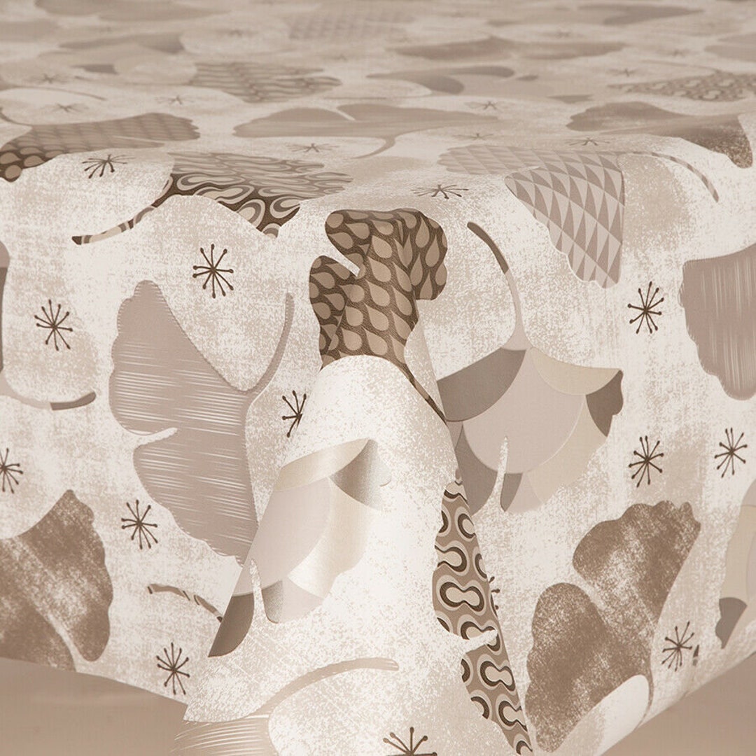 PVC Tablecloth Large Taupe, Coloured Funky Leaves on a Light Coloured ...