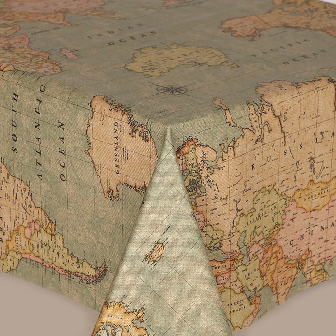 World Map Atlas Oilcloth Tablecloth Cotton Cloth Duck Egg (spot the ...