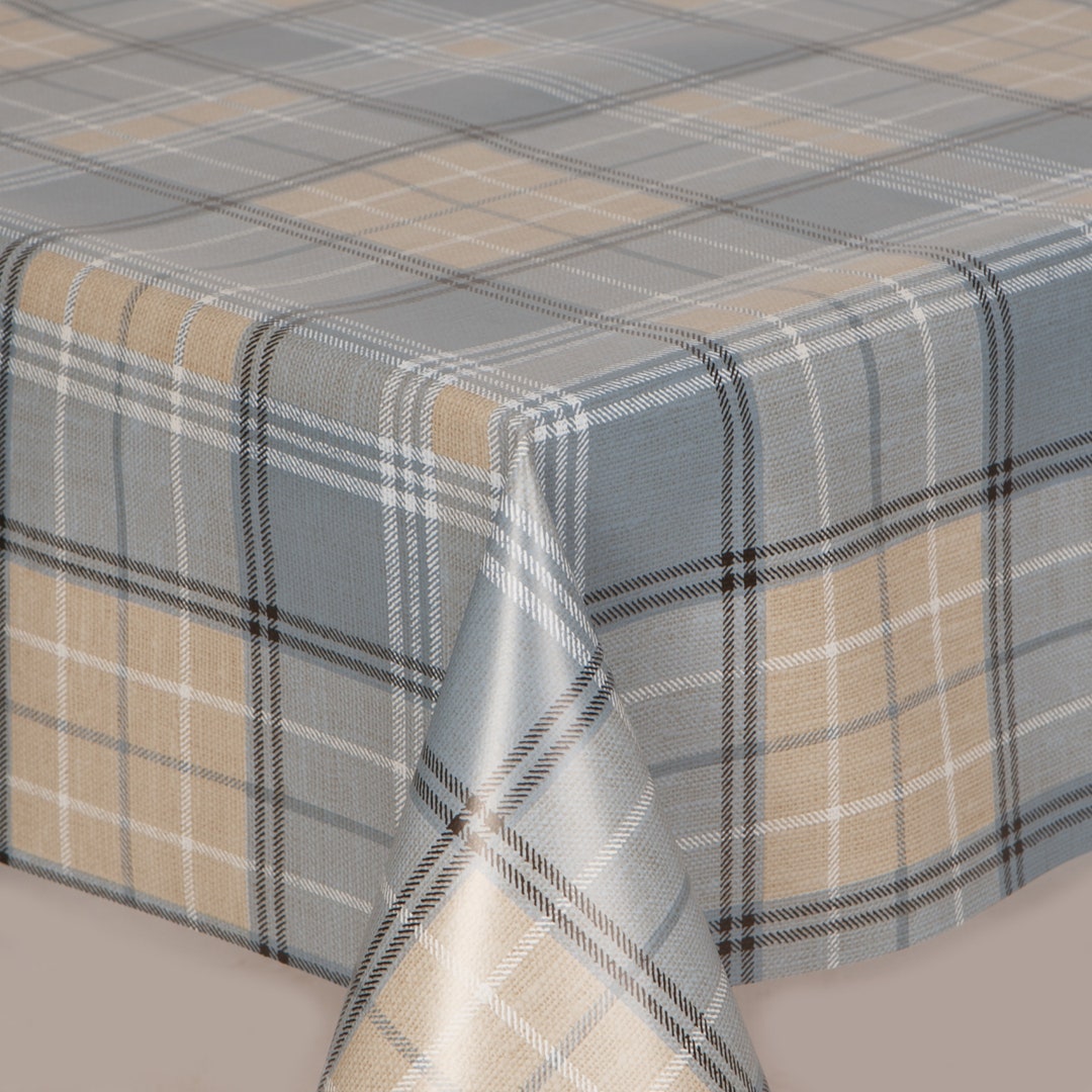 PVC Tablecloth Large Tweed Check in Blue and Beige Wipe Clean , Vinyl ...